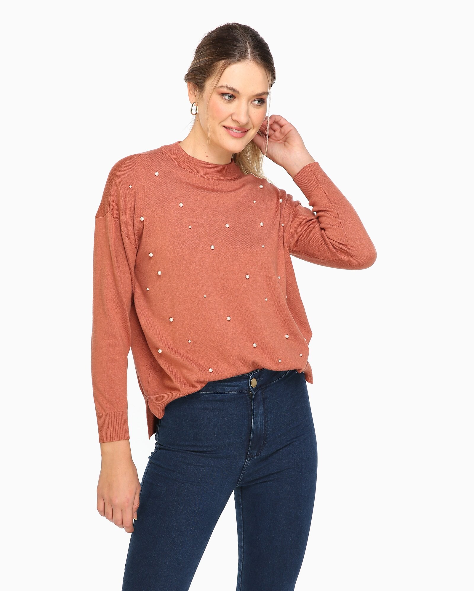 Riachuelo | Suéter Feminino Manga Longa Tricot Aplicações Coral