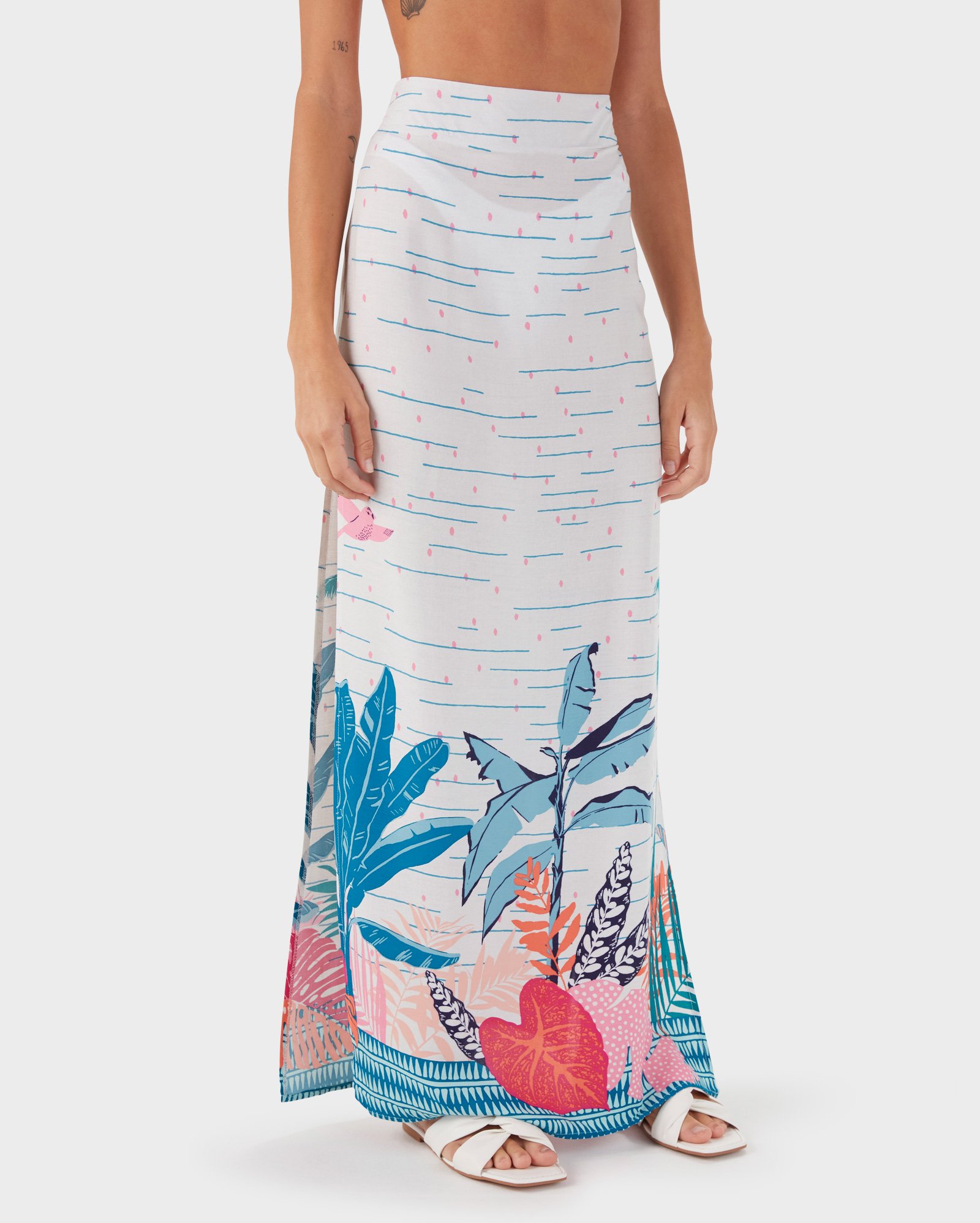 Riachuelo | Saia Longa Saída de Praia Folhagens - Branco