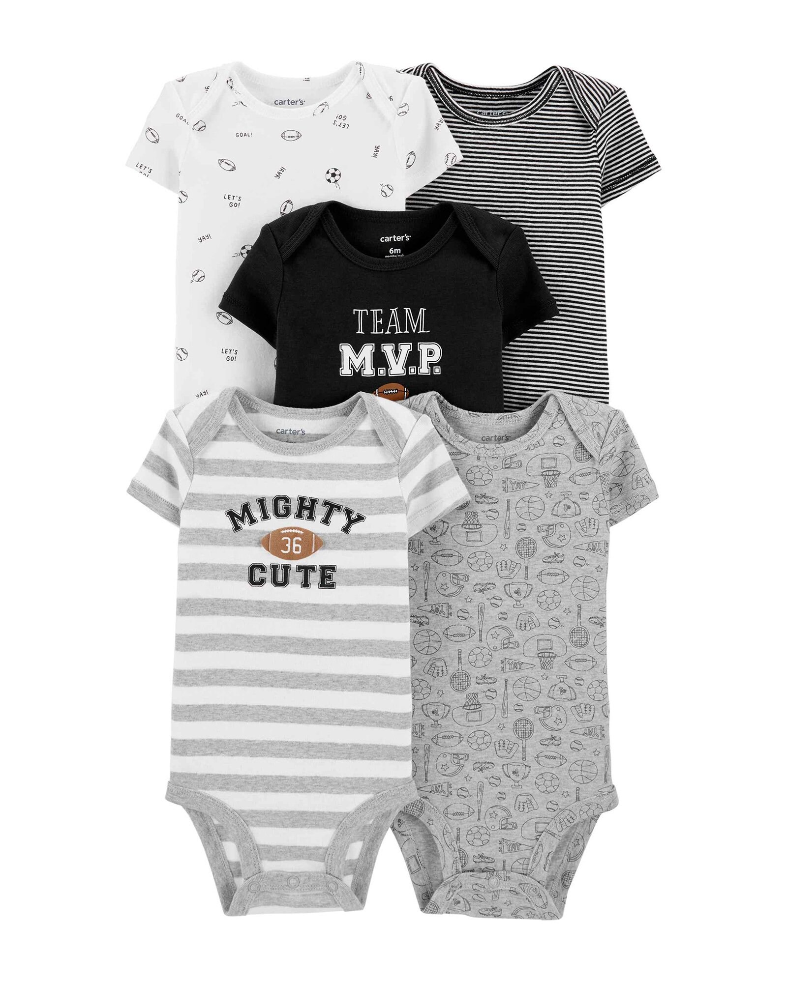 Kit Body Bebê Carter´s 5 Peças Sports - Branco/Cinza Mescla/Preto ...