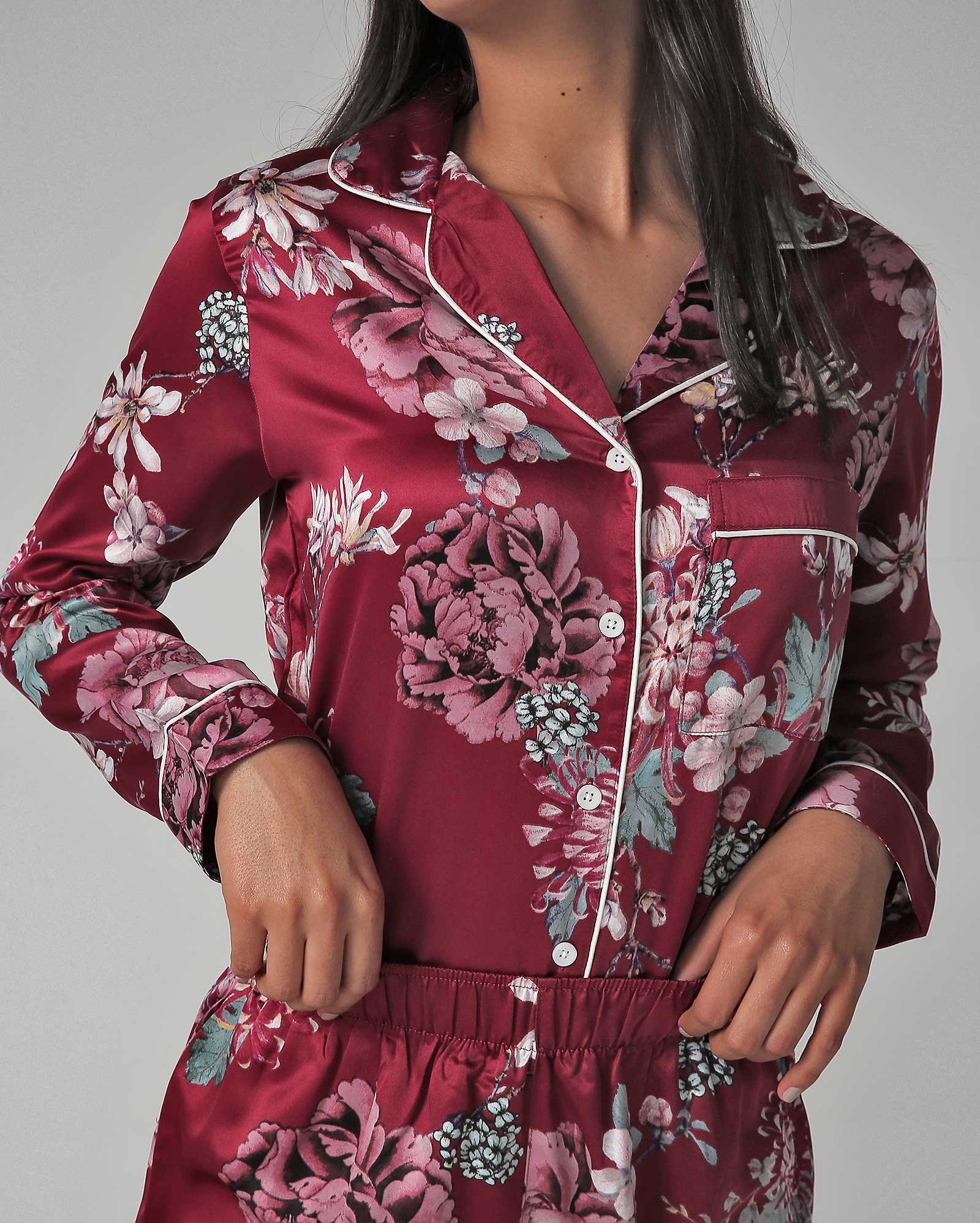 Riachuelo | Pijama longo feminino americano floral vinho | Riachuelo