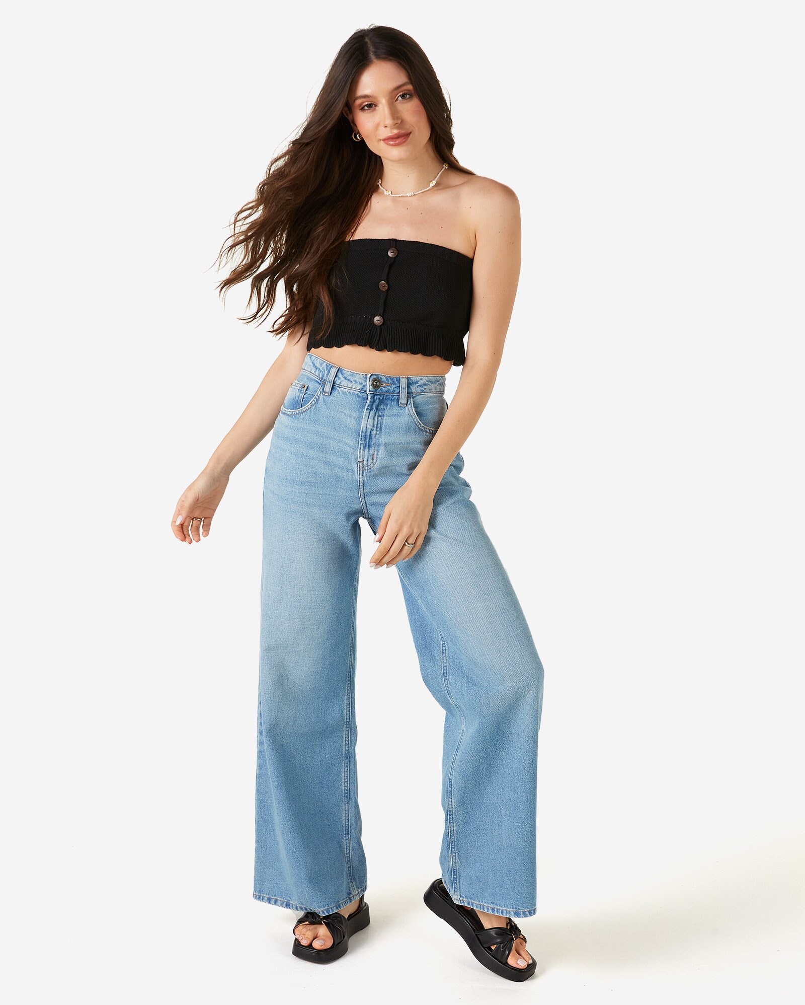 Riachuelo | Top Cropped Feminino Faixa com Botões Tricot Preto Pool by ...