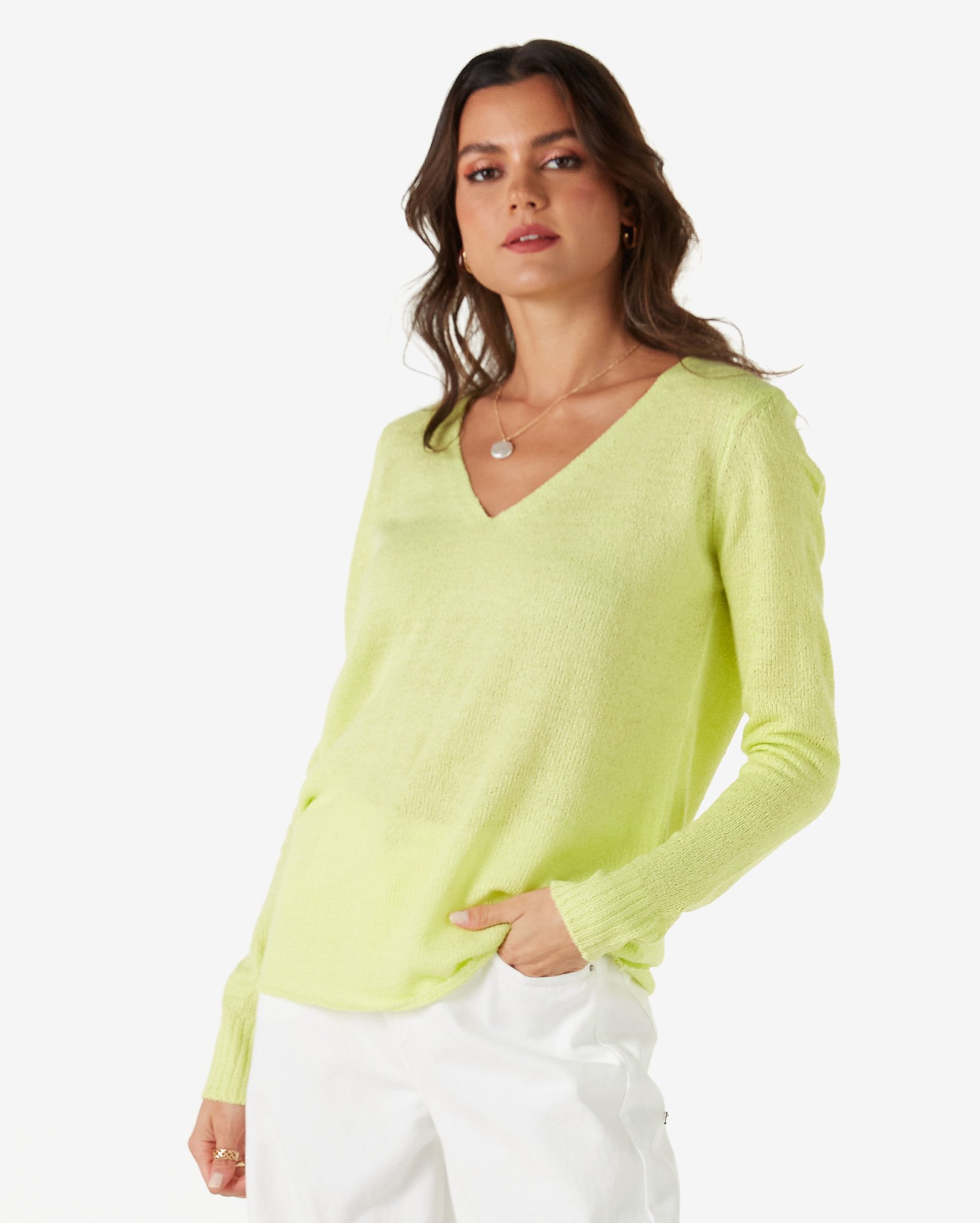 Riachuelo | Suéter Feminino Alongado Decote V Tricot Verde Neon AK by ...