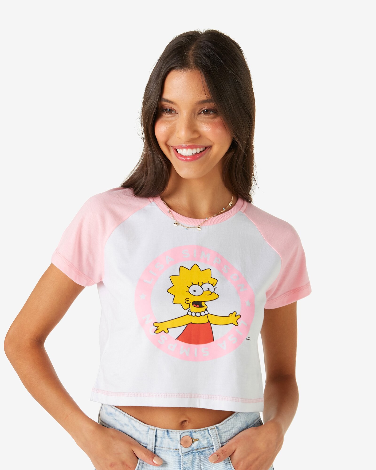 Riachuelo | Camiseta Cropped Juvenil Lisa Simpson Branco/Rosa Neon Tam ...