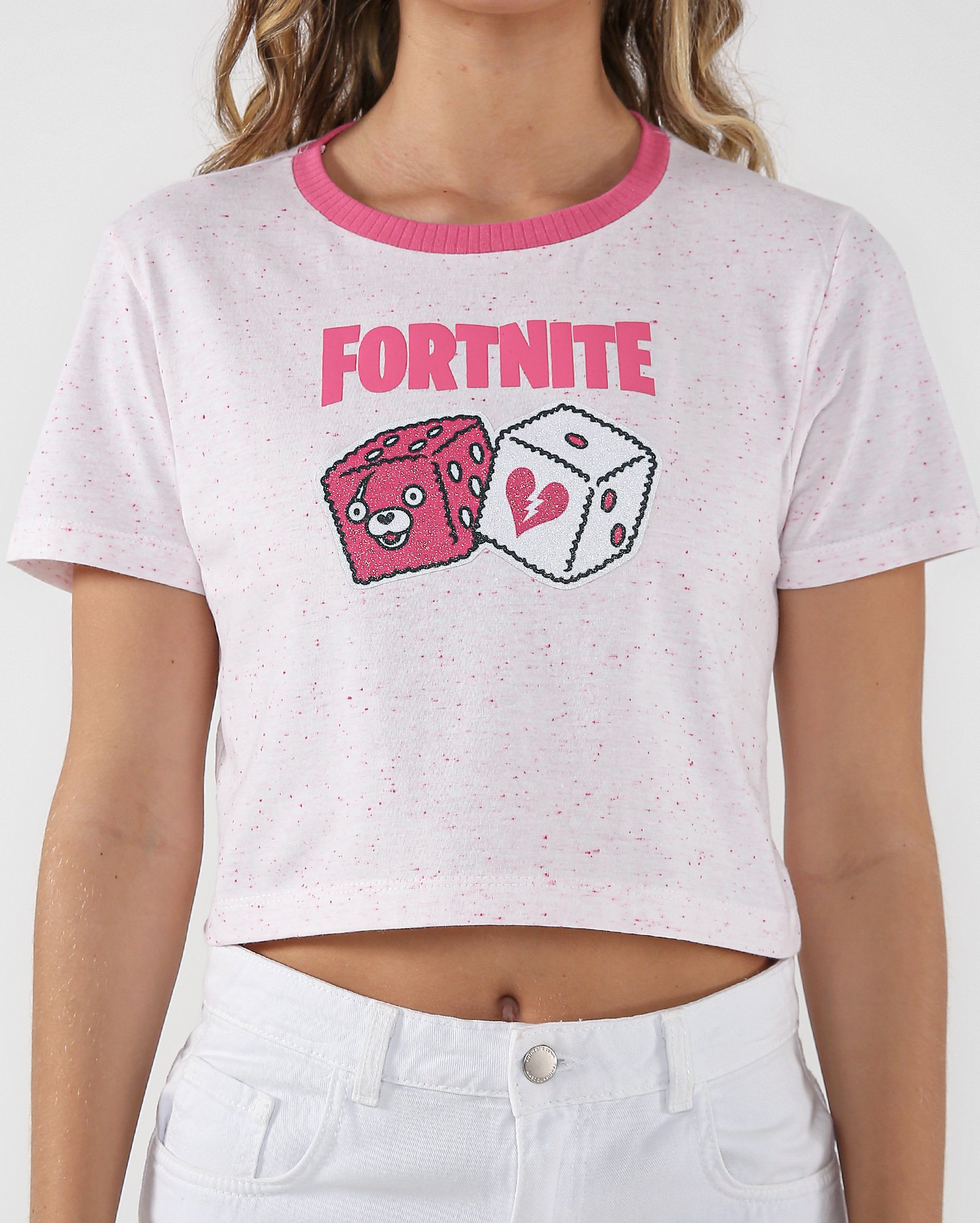 Riachuelo | Camiseta cropped juvenil dados botonê branca | Fortnite
