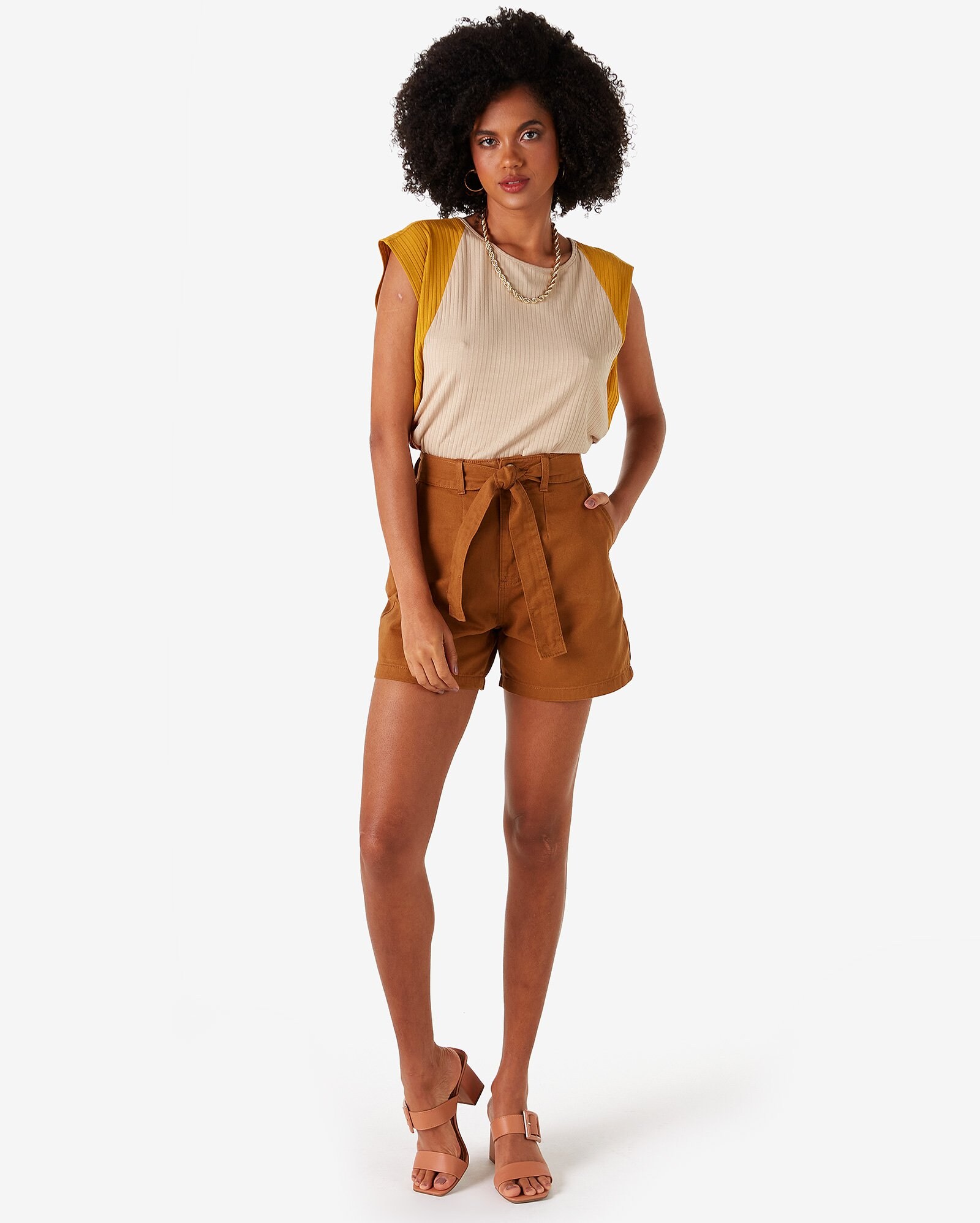 Riachuelo | Short Jeans Color Feminino Clochard Amarração Marrom Camelo