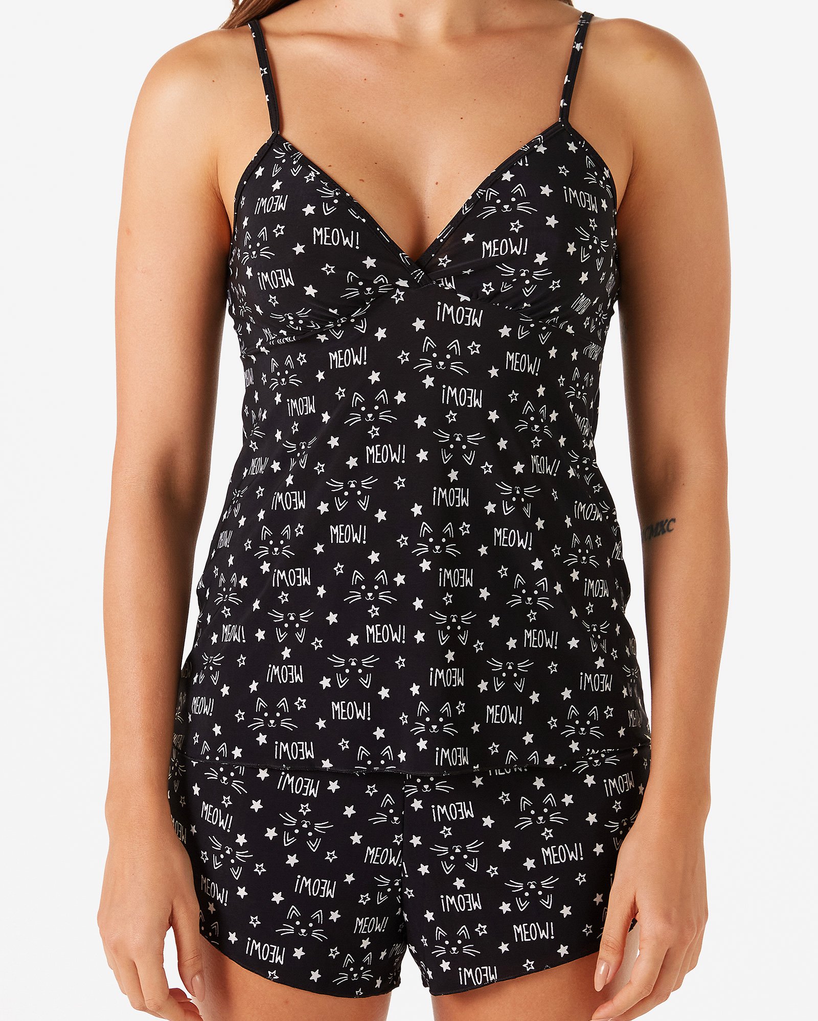 Riachuelo | Short Doll Feminino Alças Finas Gatinho Preto Riachuelo