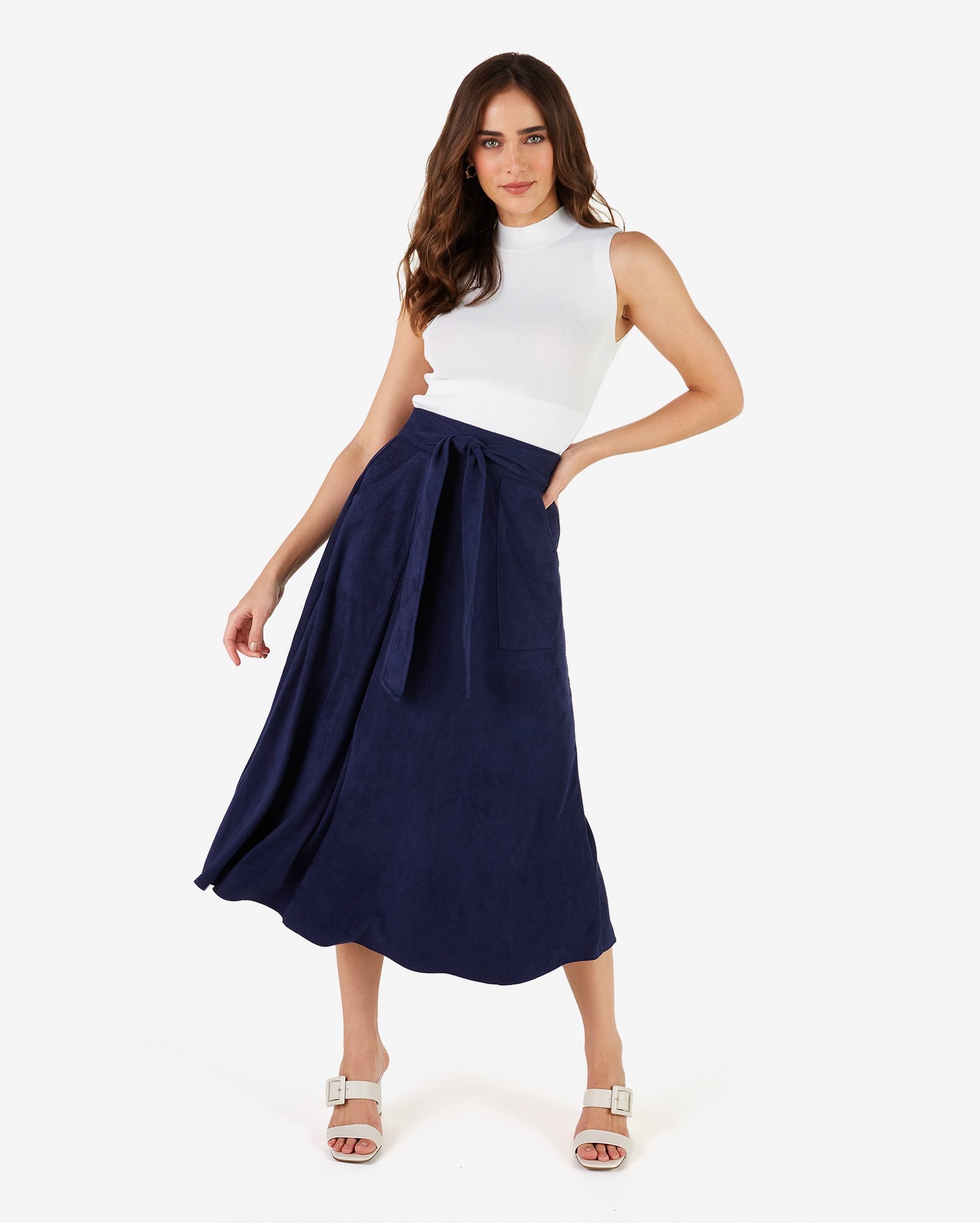 Riachuelo | Saia Midi Feminina Evasê Amarração Suede Azul Escuro AK by ...