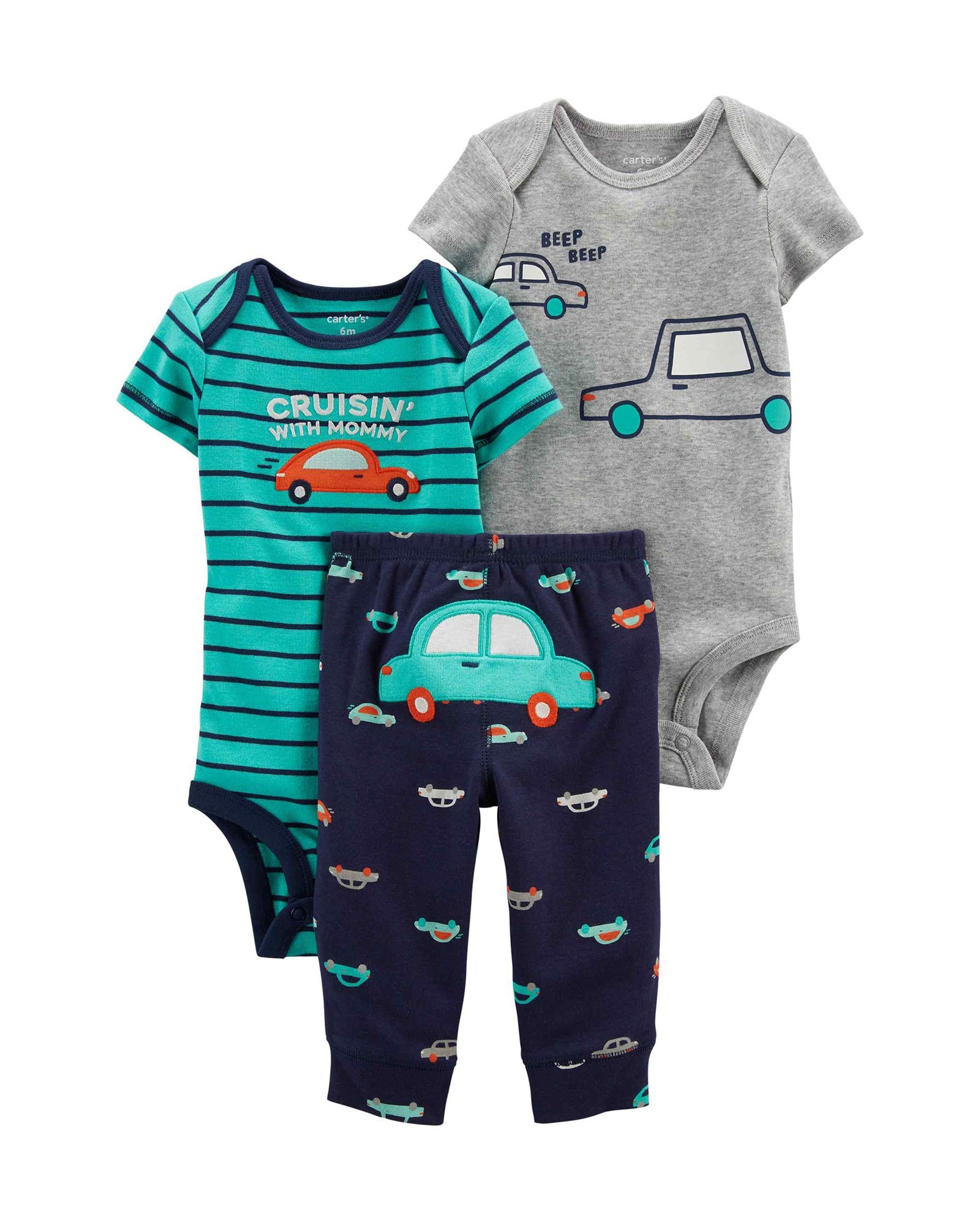 Conjunto Bebê Carter's 3 Peças Carros Azul/Cinza Tam RN a 24 Meses ...