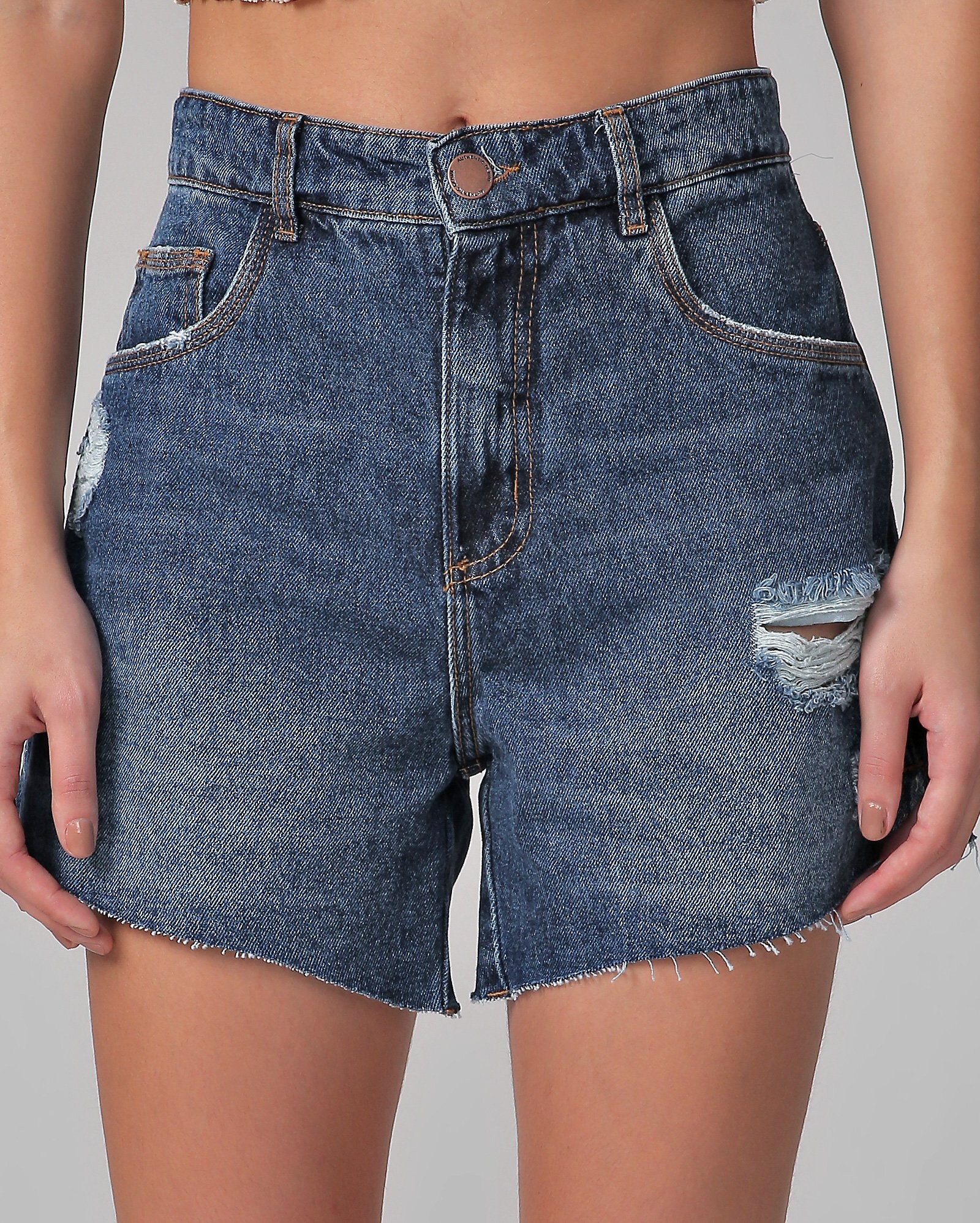 Riachuelo | Bermuda Jeans Feminina Cintura Alta Destroyed Denim Médio ...