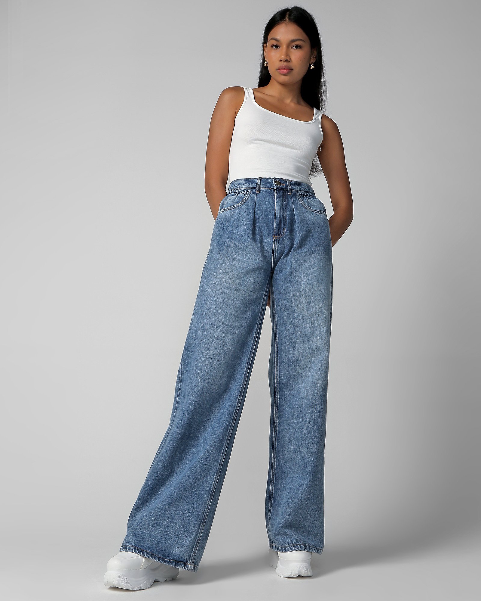 Riachuelo | Calça jeans feminina pantalona cintura alta denim claro