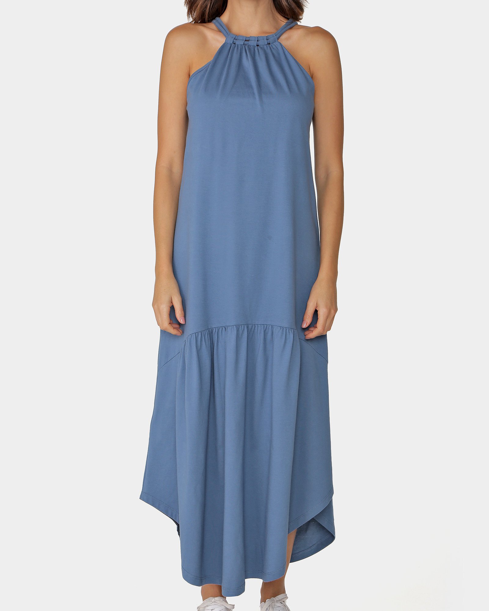 Riachuelo | Vestido Longo Feminino Evasê Uma Maria Azul Aço AK by Riachuelo