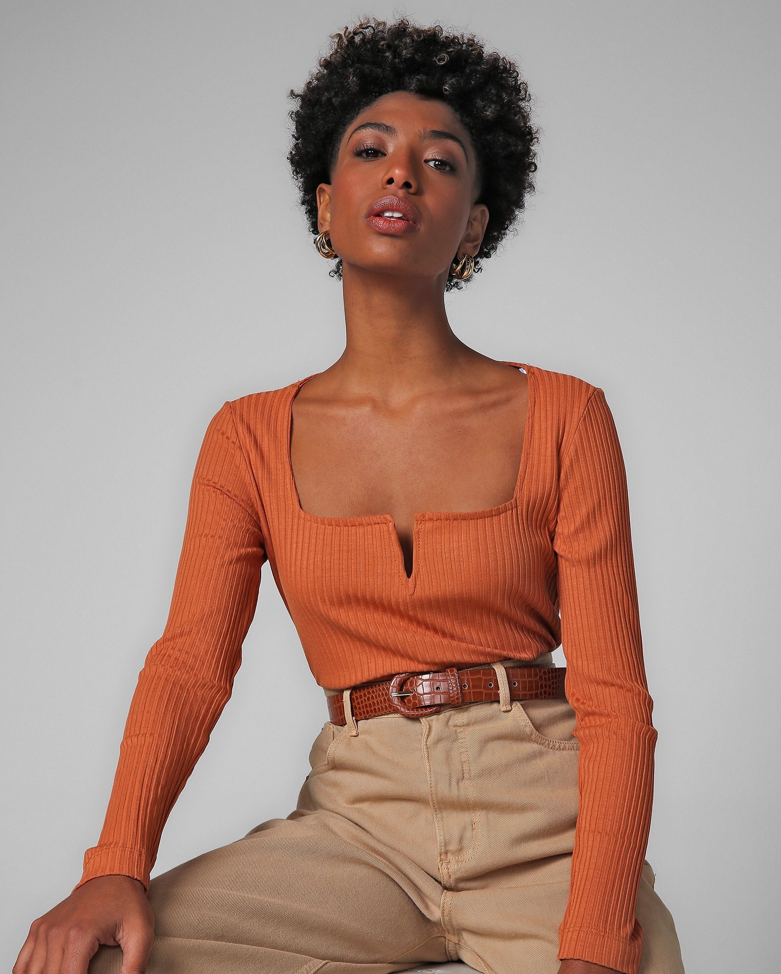 Riachuelo | Blusa Feminina Manga Longa Canelada Laranja AK by Riachuelo