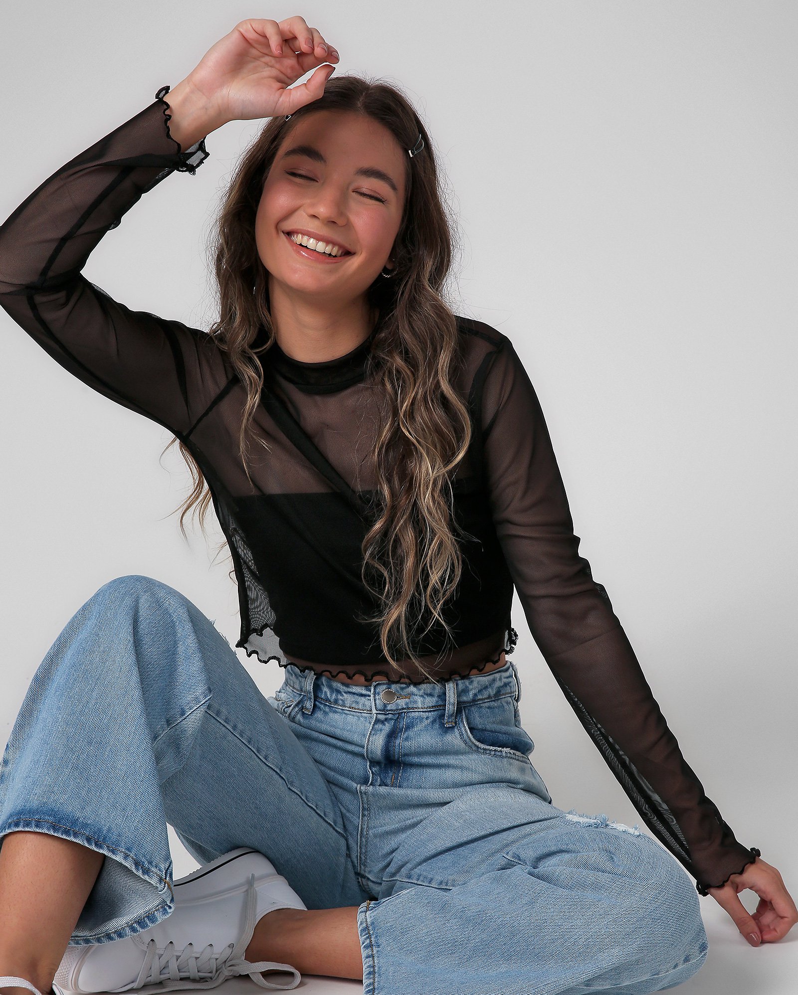 Riachuelo | Blusa cropped juvenil de tule preta | Y C by Riachuelo