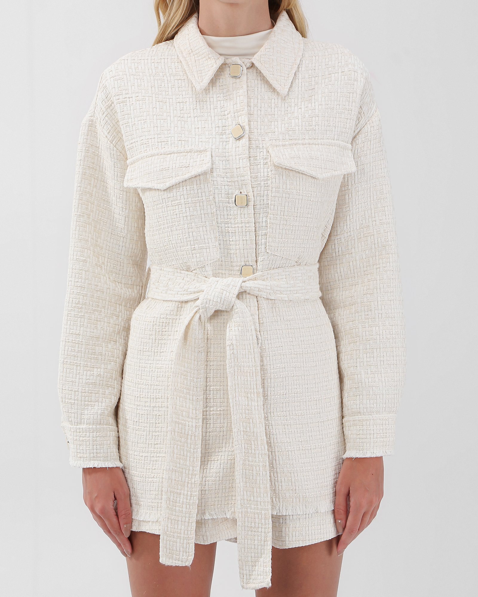 Riachuelo | Shacket feminina tweed alongado com faixa off-white | AK by ...