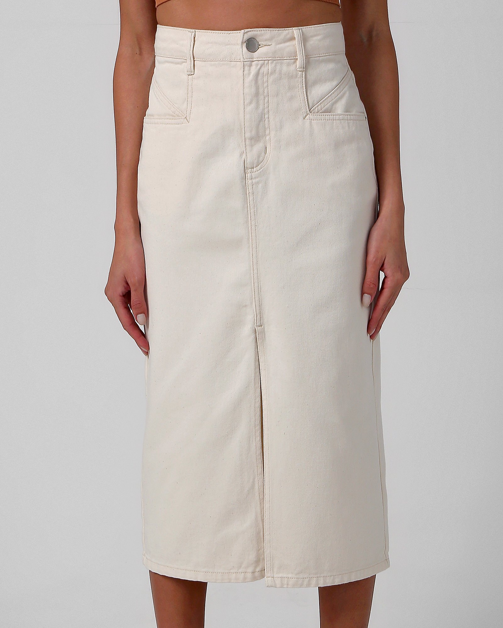 Riachuelo | Saia jeans color midi com fenda off-white | AK by Riachuelo