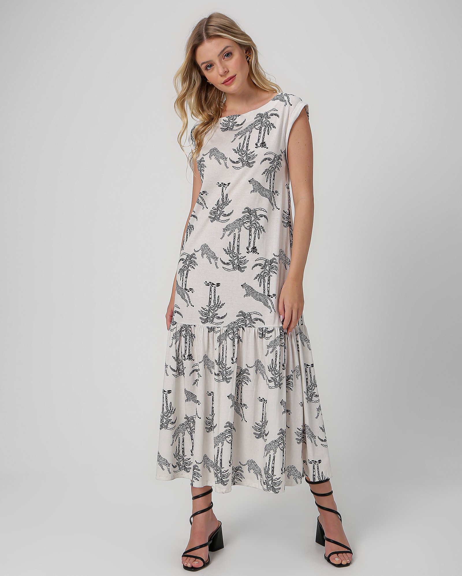 Riachuelo | Vestido longo evasê folhagens e onças off-white | AK by ...