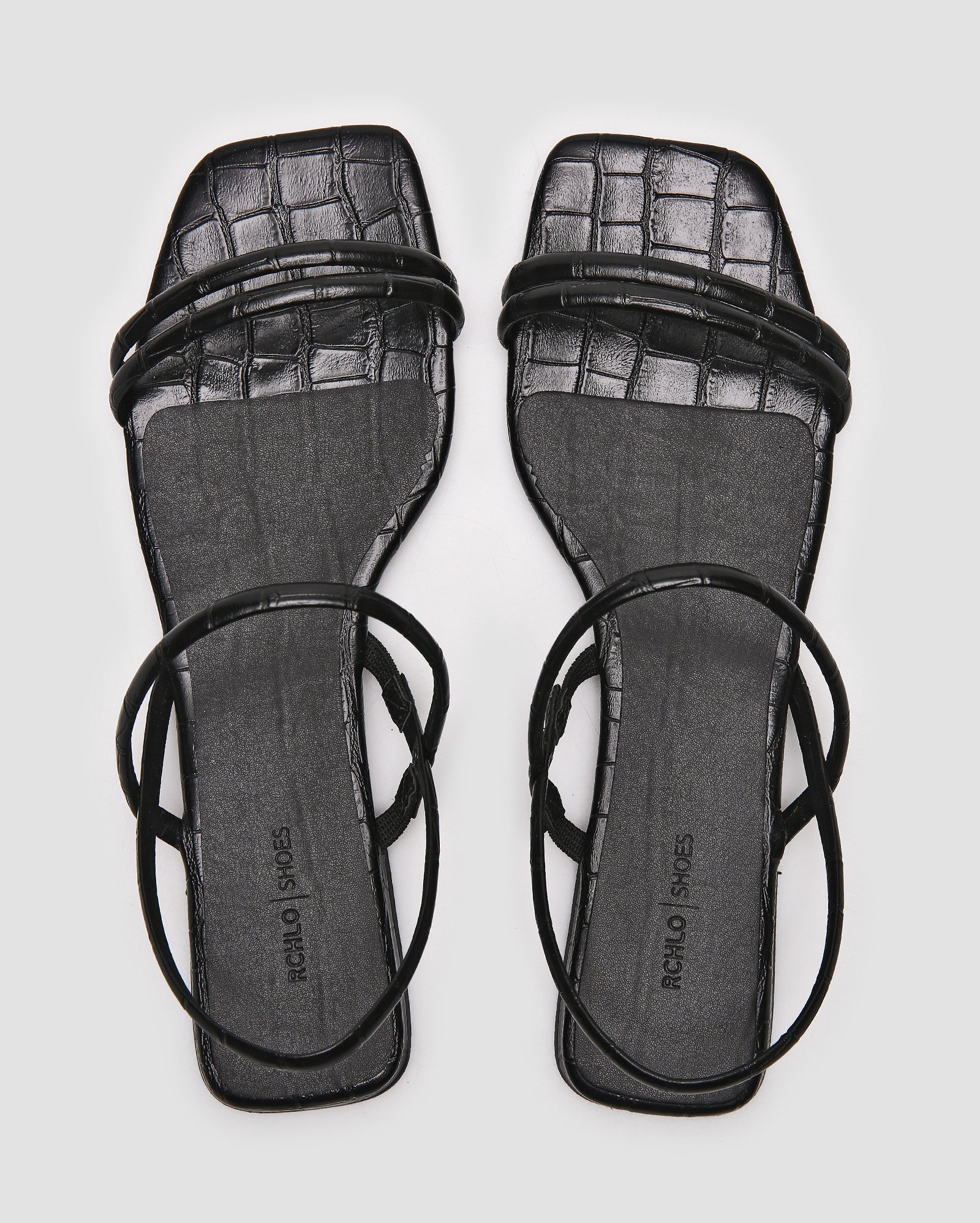 Riachuelo | Sandália feminina rasteiras tiras finas croco preta | Riachuelo