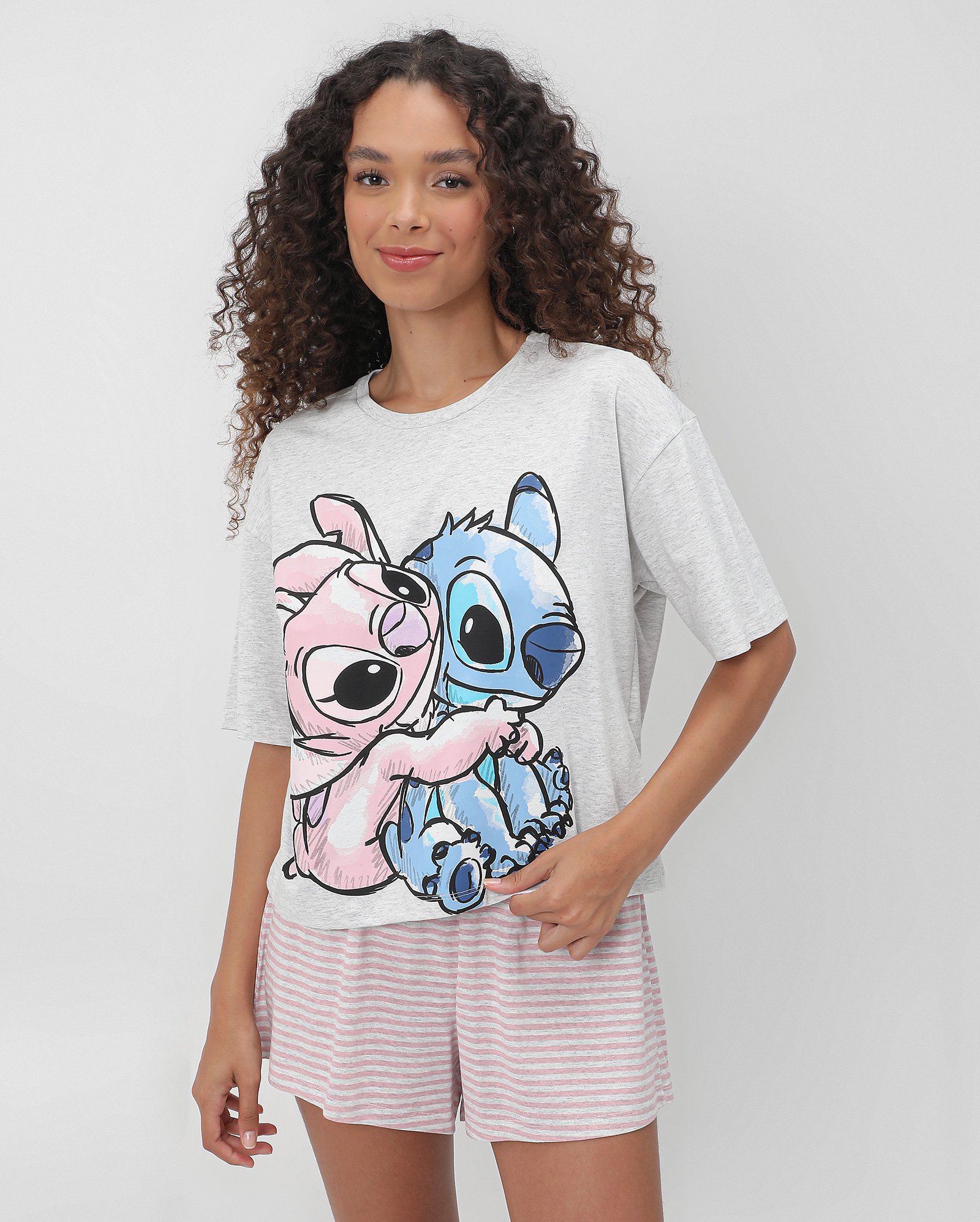 Pijama curto feminino Stitch e Angel mescla cinza | Disney | FANLAB Oficial