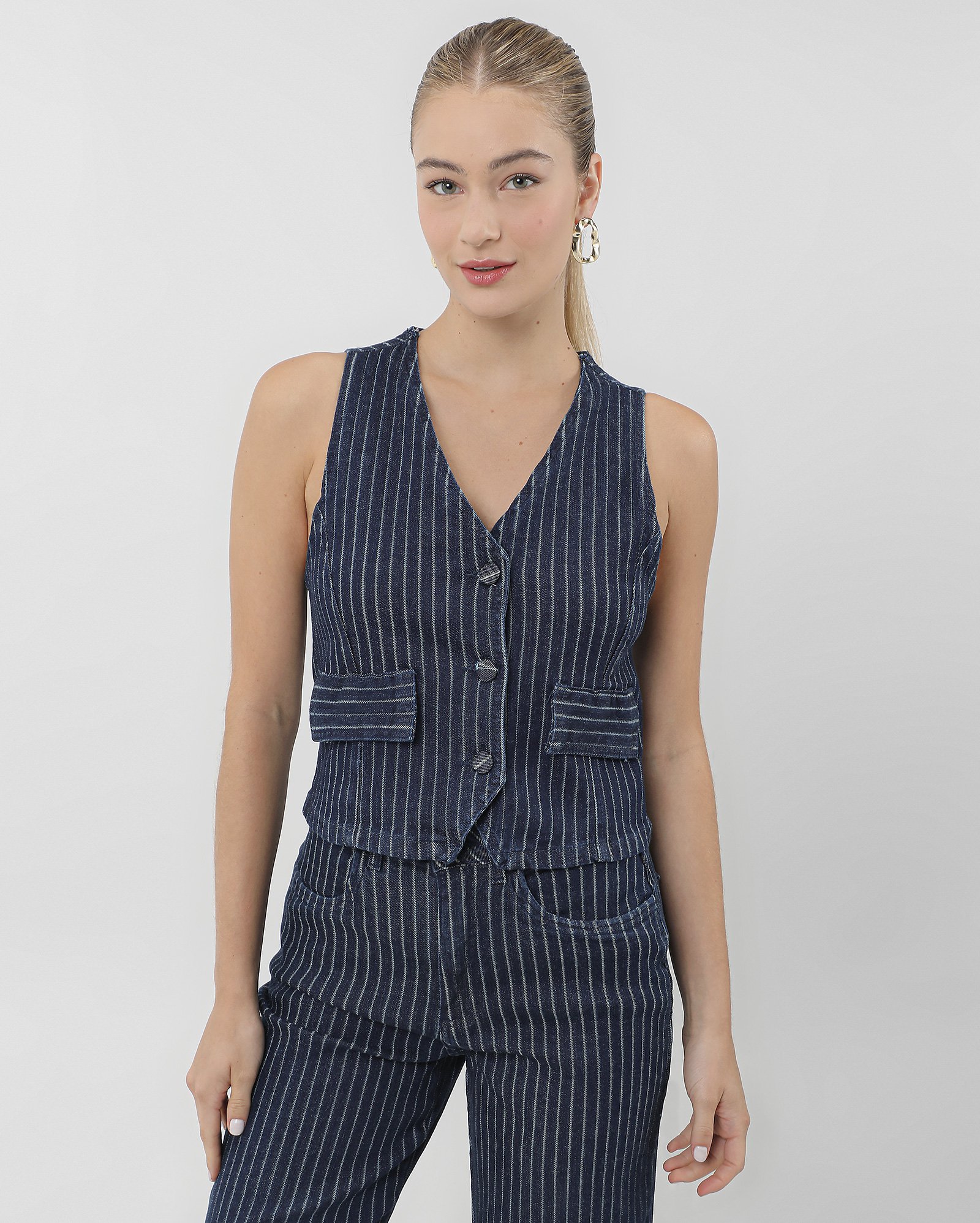 Riachuelo | Colete jeans feminino risca de giz denim escuro | Pool Jeans