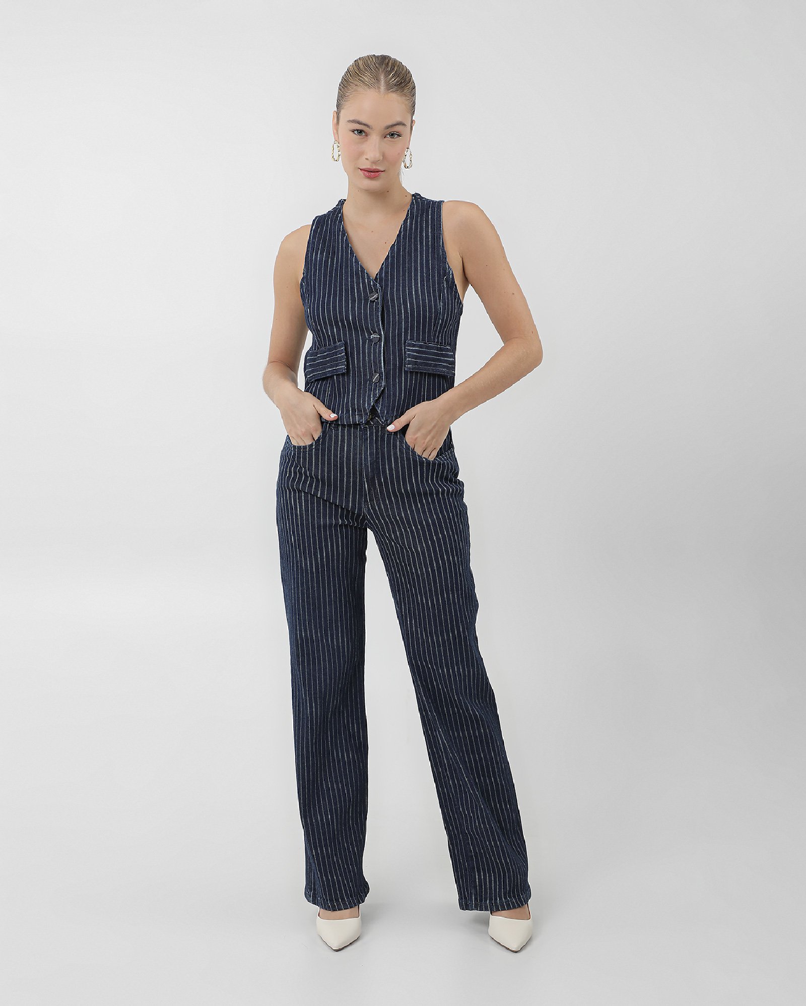 Riachuelo | Colete jeans feminino risca de giz denim escuro | Pool Jeans