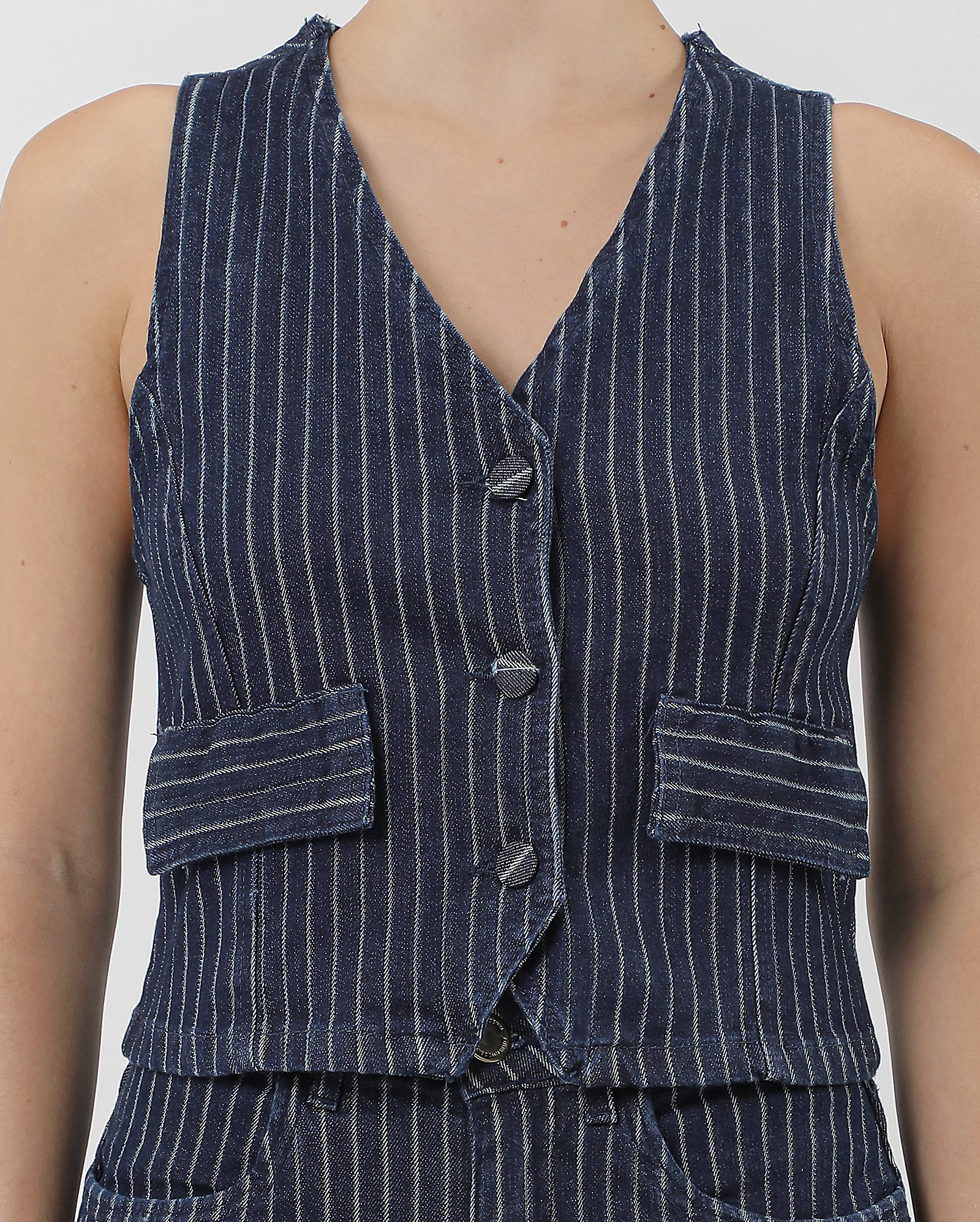 Riachuelo | Colete jeans feminino risca de giz denim escuro | Pool Jeans