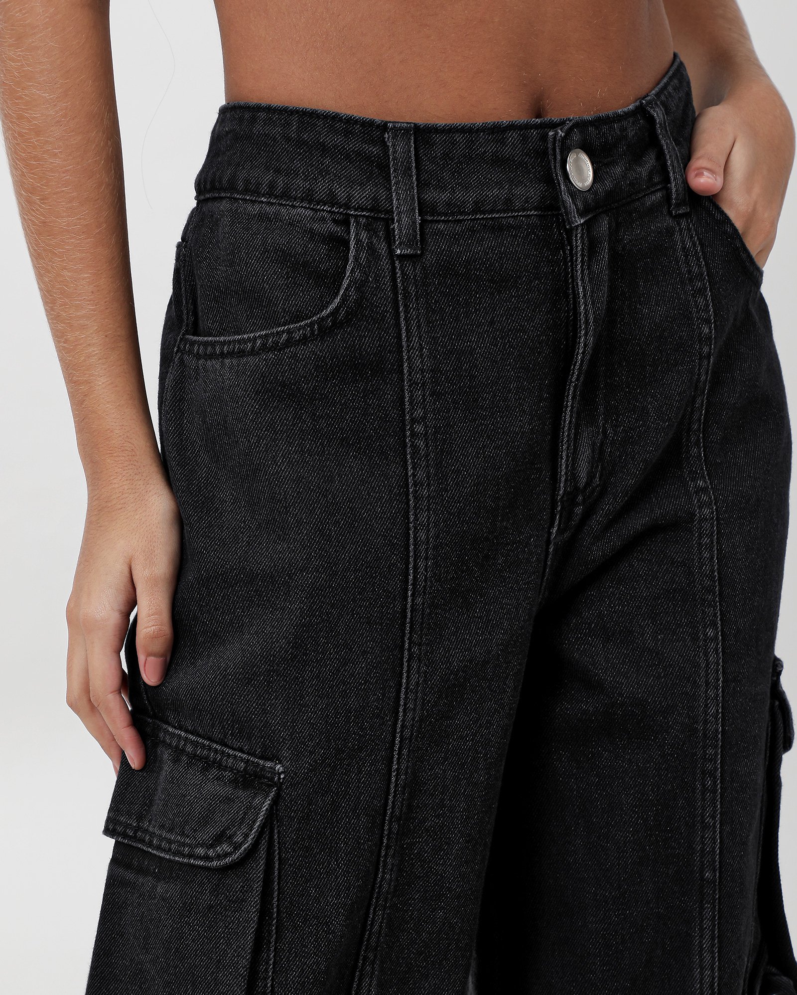 Riachuelo | Calça black jeans juvenil wide leg cargo | Pool