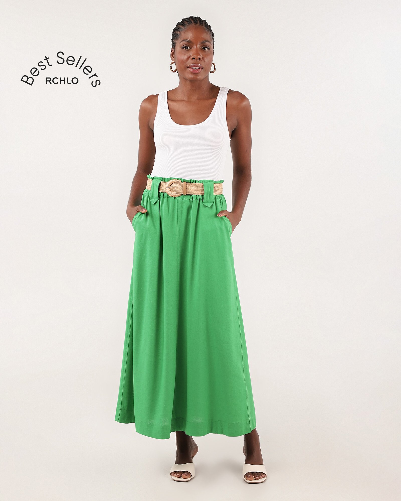 Riachuelo | Saia midi evasê Jade em viscolinho com cinto - Verde