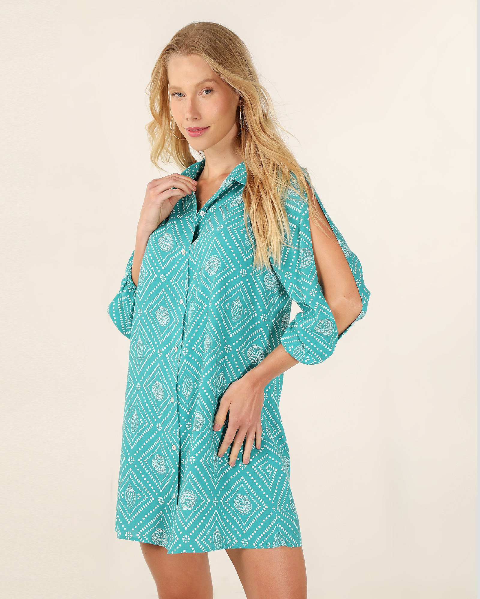 Riachuelo | Saída de praia chemise curta viscose estampada cut out azul
