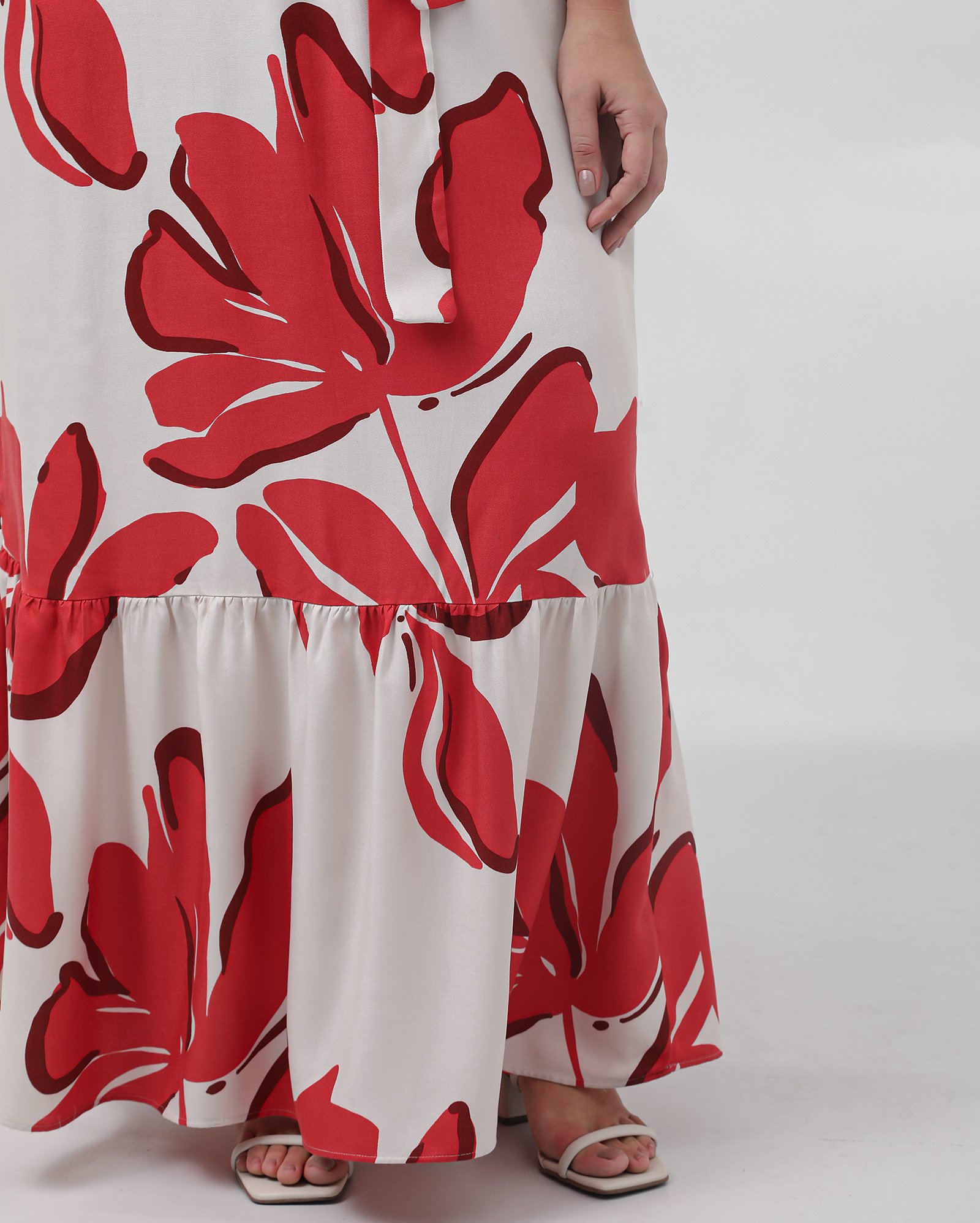 Riachuelo Vestido Longo Plus Size Evasê Amarração Folhagem Branco Ak Plus By Riachuelo