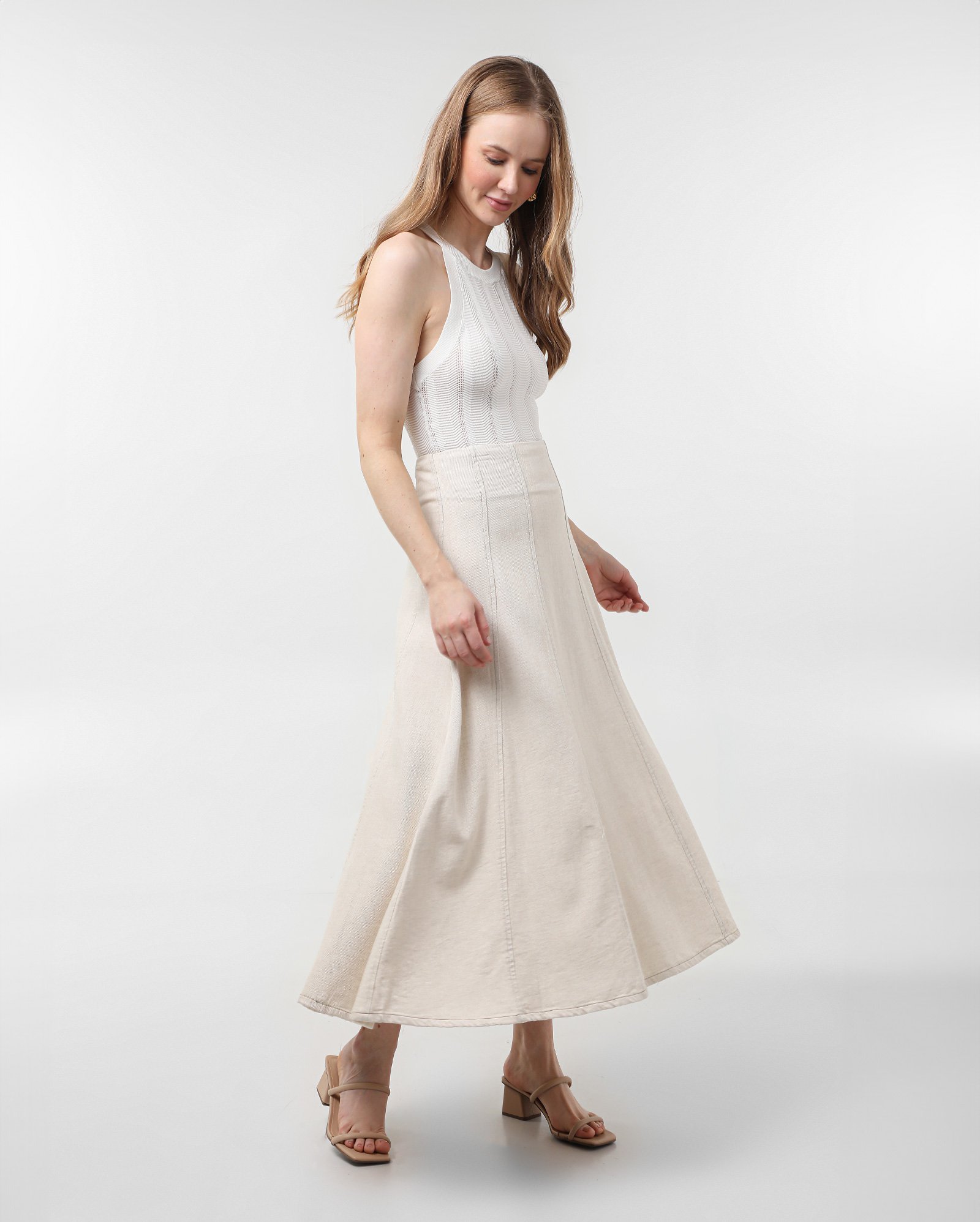 Riachuelo | Saia sarja midi godê com pespontos bege | Pool Jeans