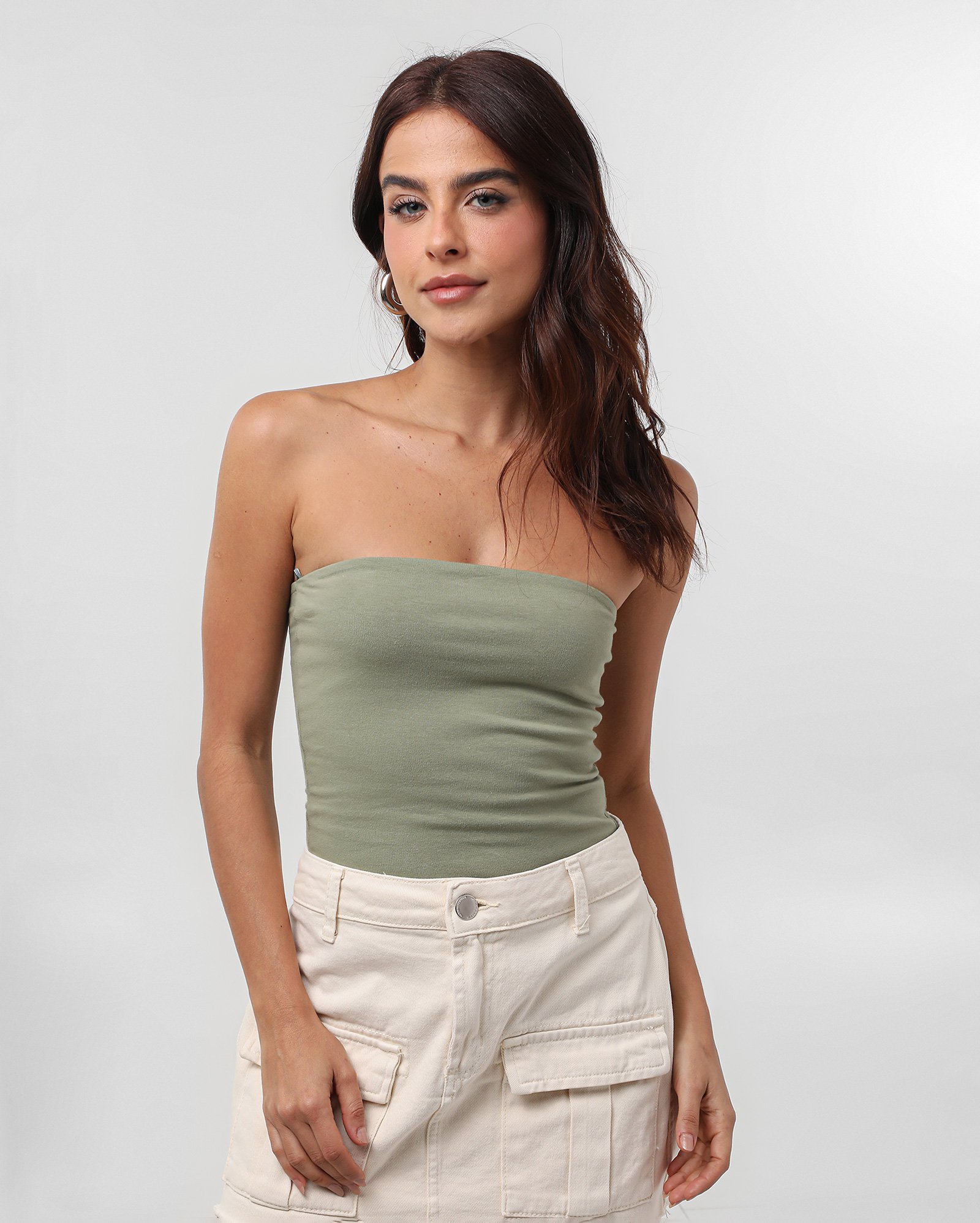 Riachuelo | Top bandeau de algodão - Verde Musgo | Pool Basics