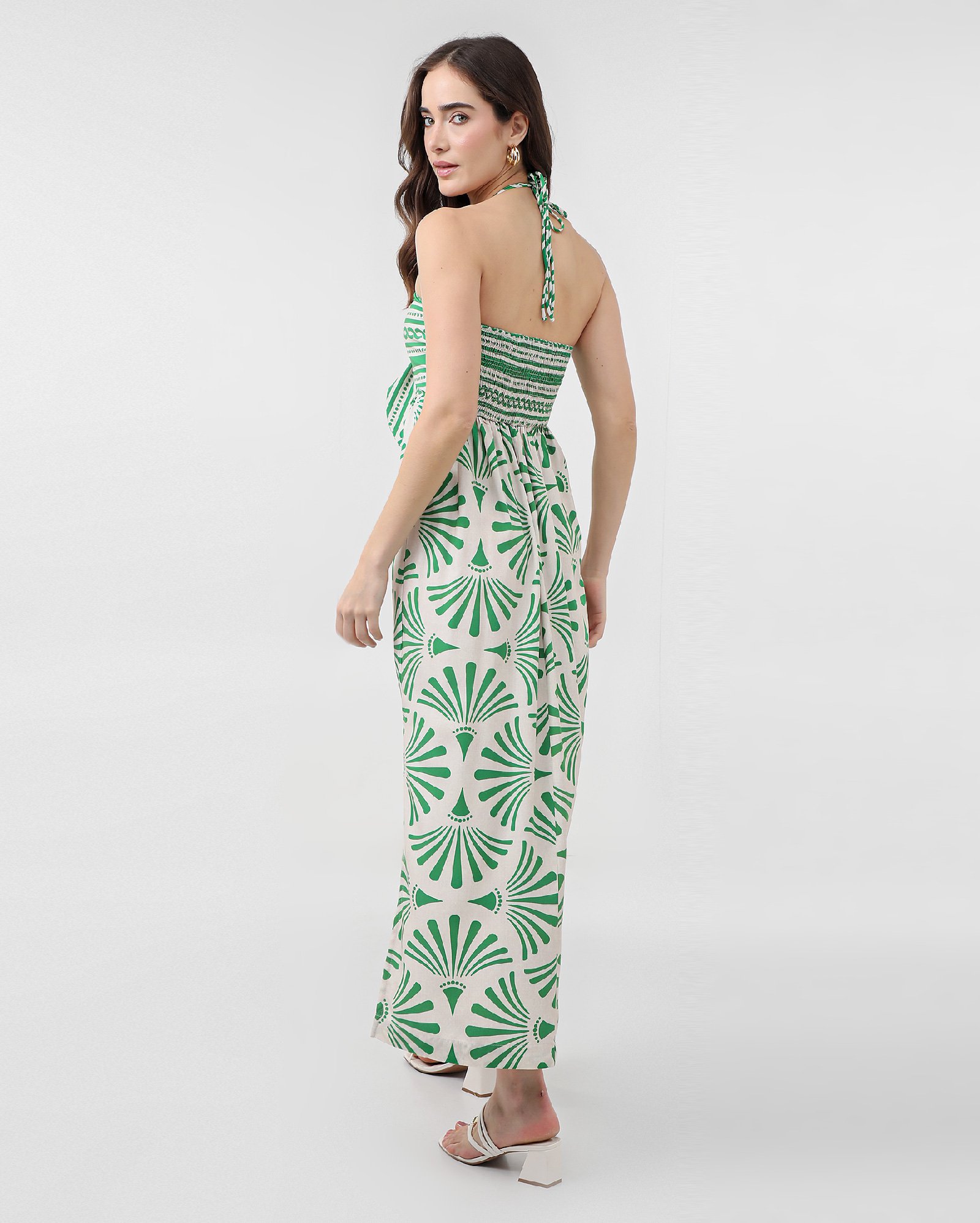 Riachuelo | Vestido midi evasê cut out com laço boho geométrico verde ...