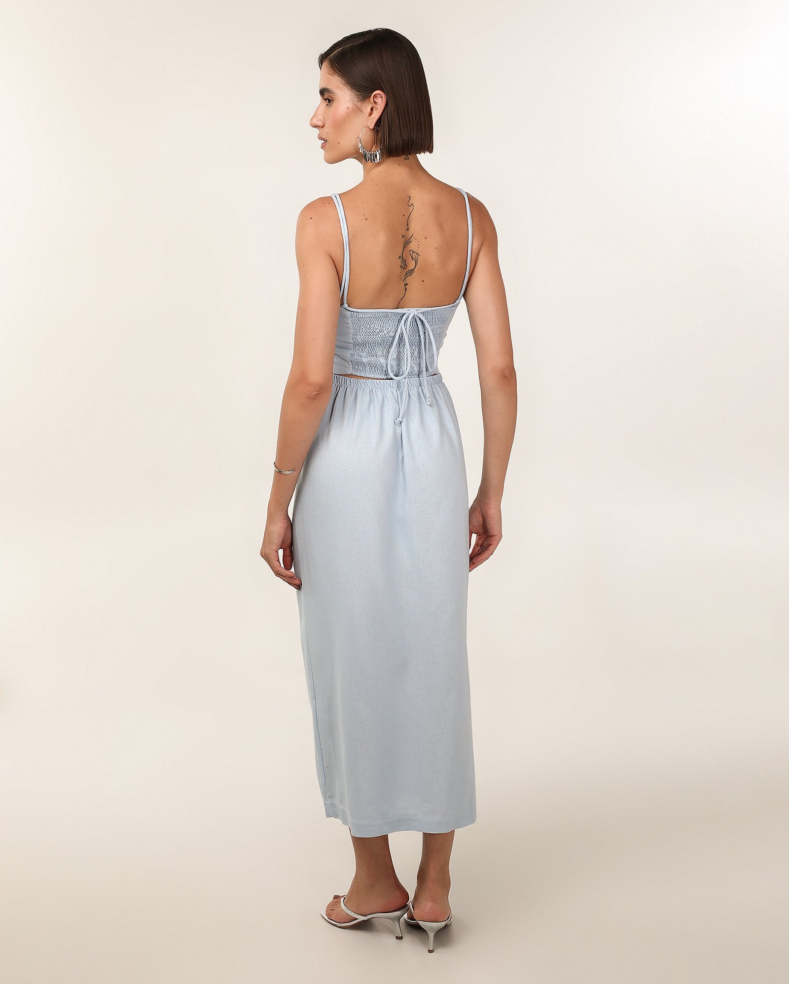 Riachuelo | Vestido midi evasê em viscolinho decote coração - Azul Claro