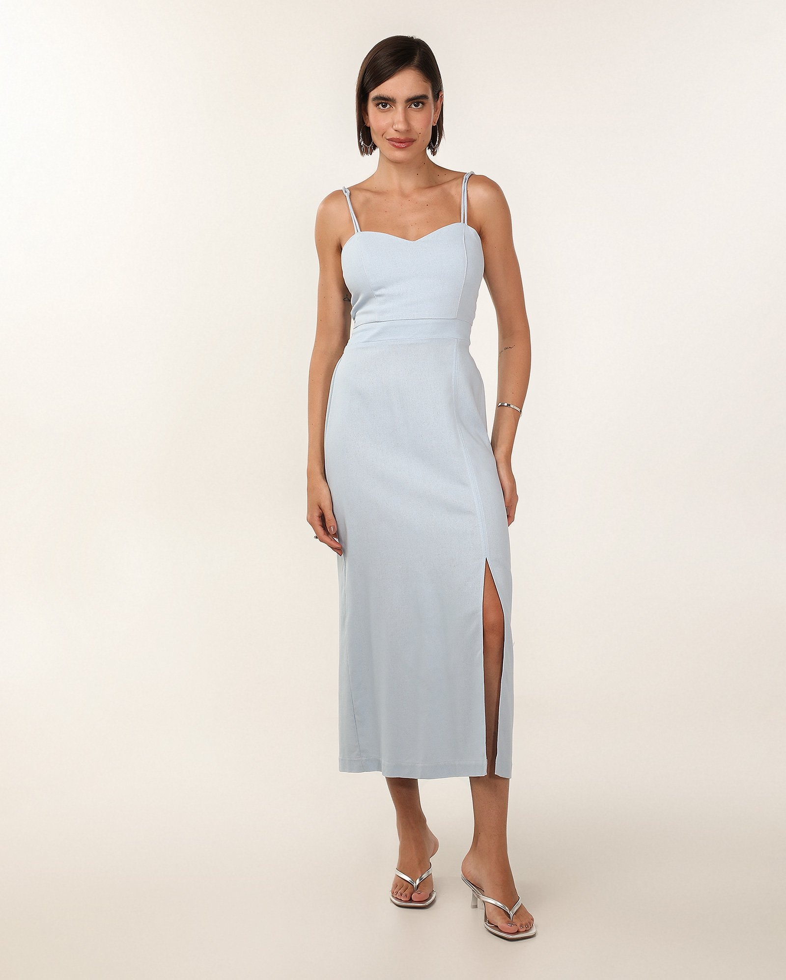Riachuelo | Vestido midi evasê em viscolinho decote coração - Azul Claro