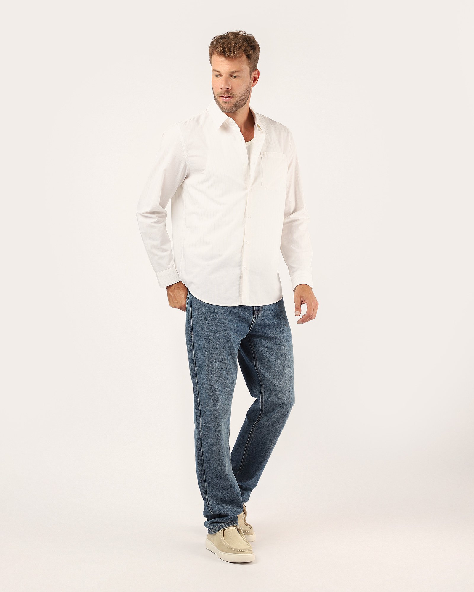 Riachuelo | Camisa masculina manga longa listras - Branco