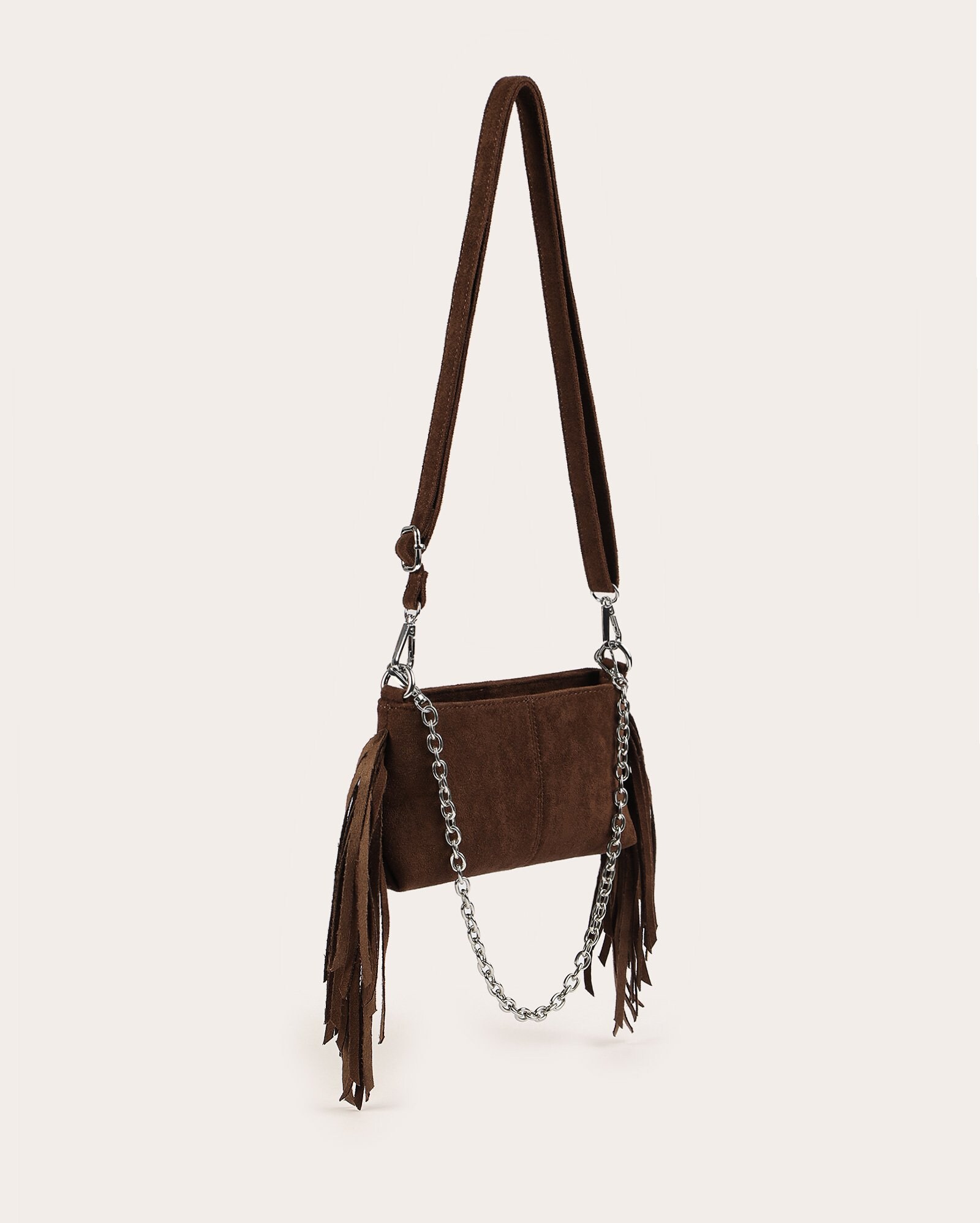 Riachuelo | Bolsa feminina camurça P shoulder com franjas marrom