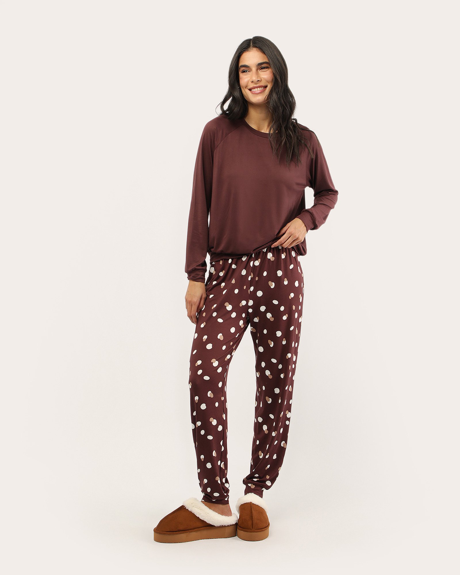 Riachuelo | Pijama longo feminino com toque macio poá - vinho