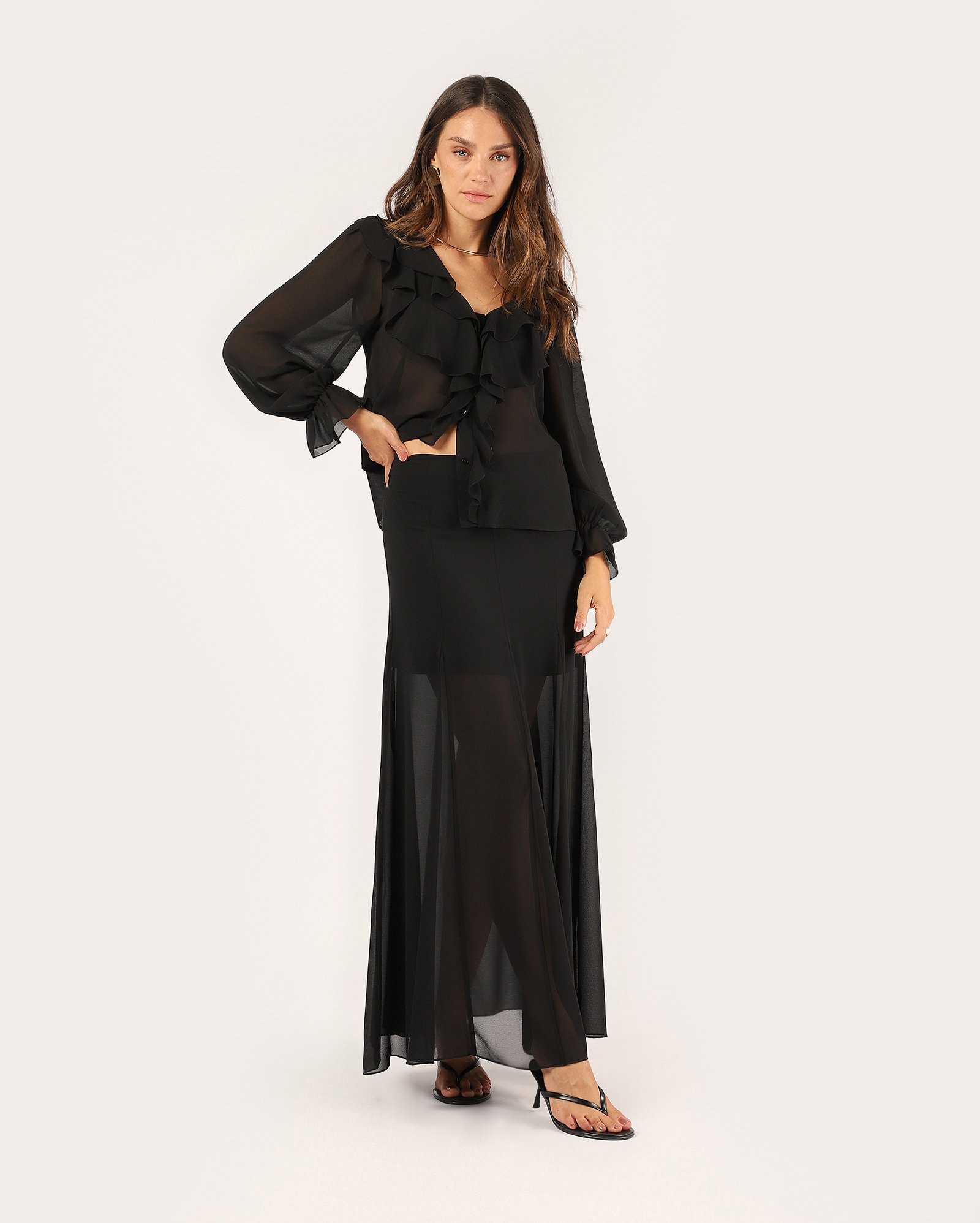 Riachuelo | Saia longa cintura alta chiffon - Preto