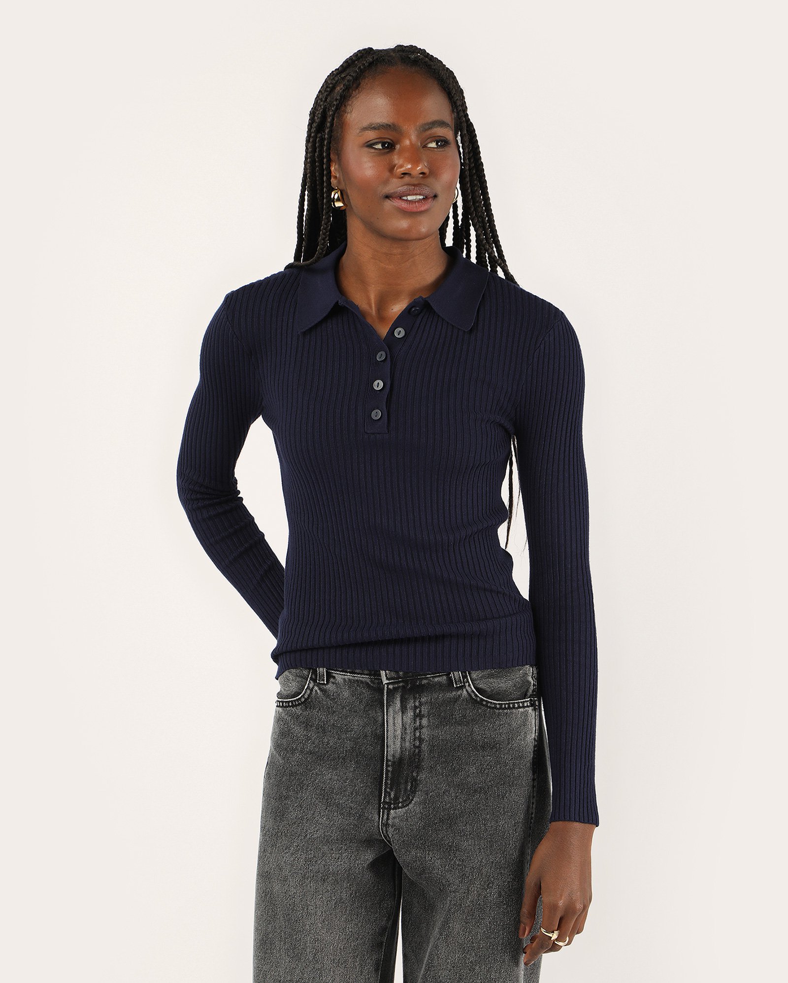 Riachuelo | Polo feminina em tricot canelada - Azul-marinho