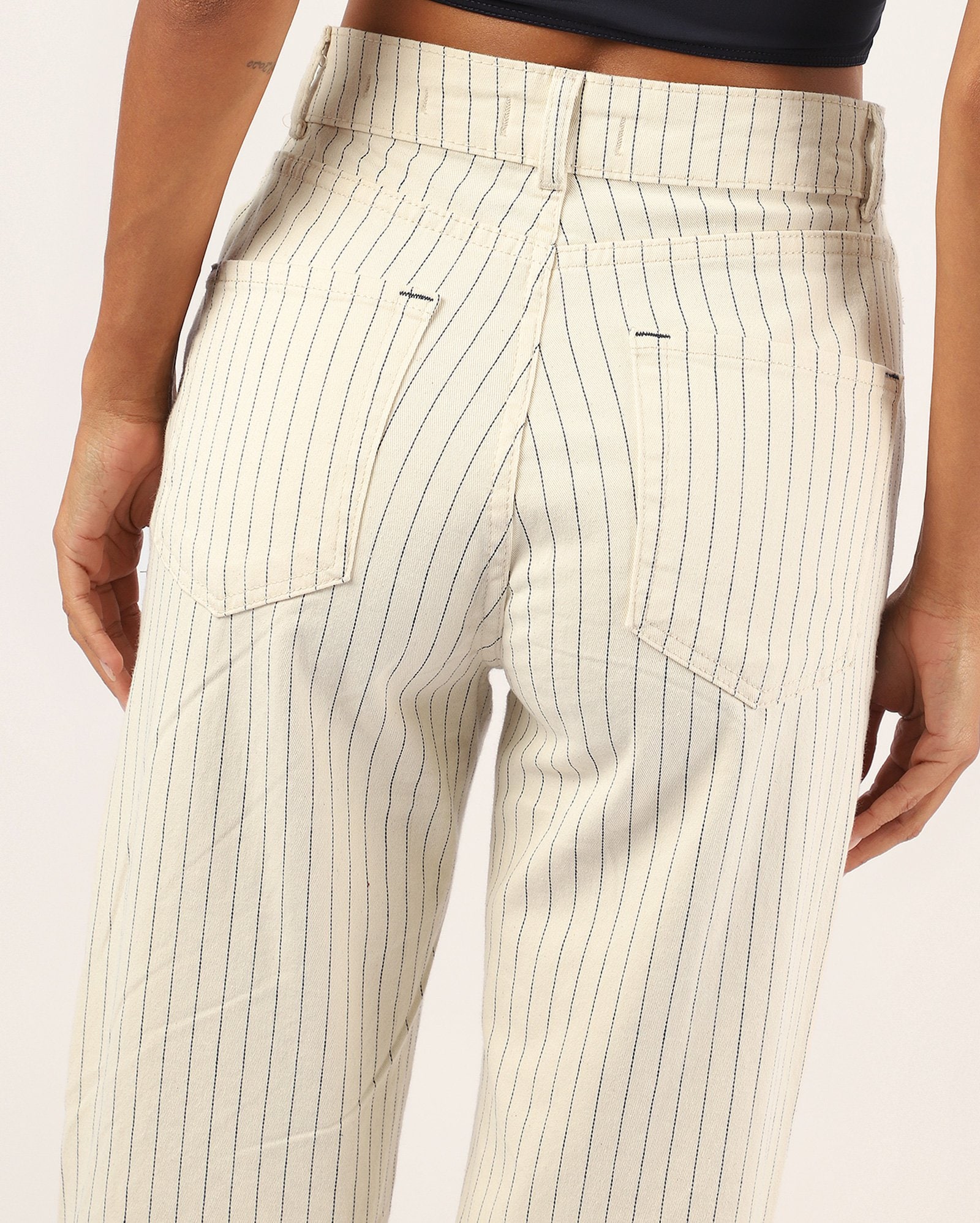 Riachuelo | Calça sarja feminina wide leg risca de giz - bege | Pool Jeans