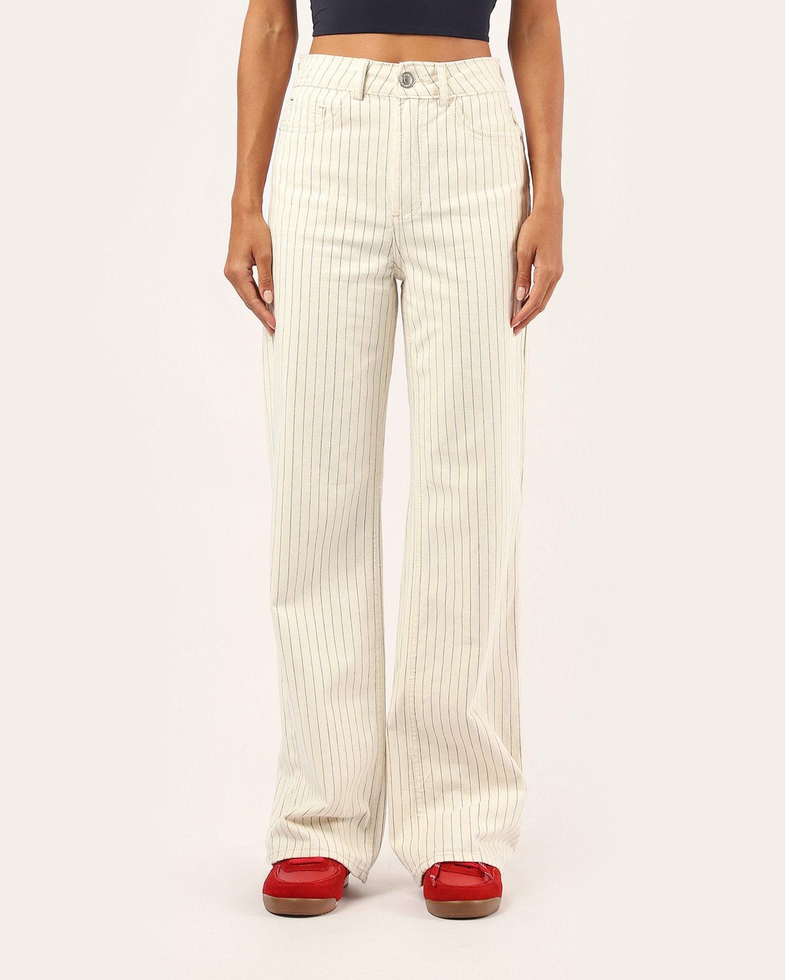 Riachuelo | Calça sarja feminina wide leg risca de giz - bege | Pool Jeans