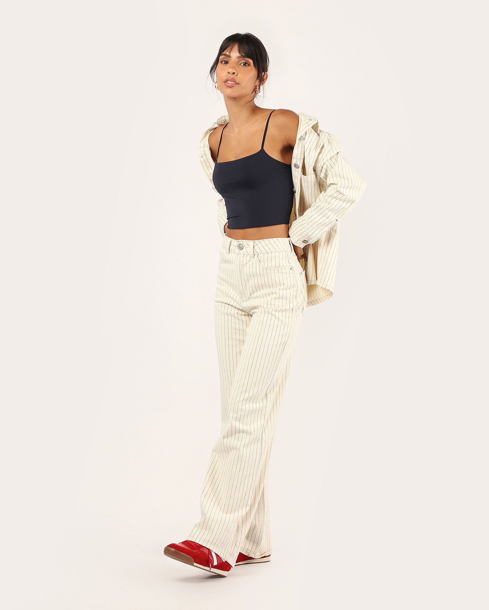 Riachuelo | Calça sarja feminina wide leg risca de giz - bege | Pool Jeans