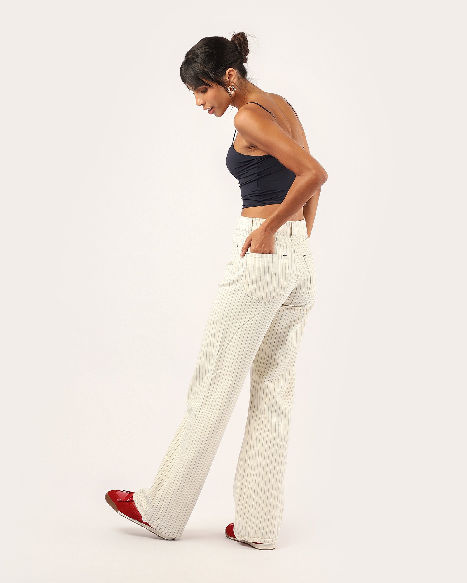 Riachuelo | Calça sarja feminina wide leg risca de giz - bege | Pool Jeans
