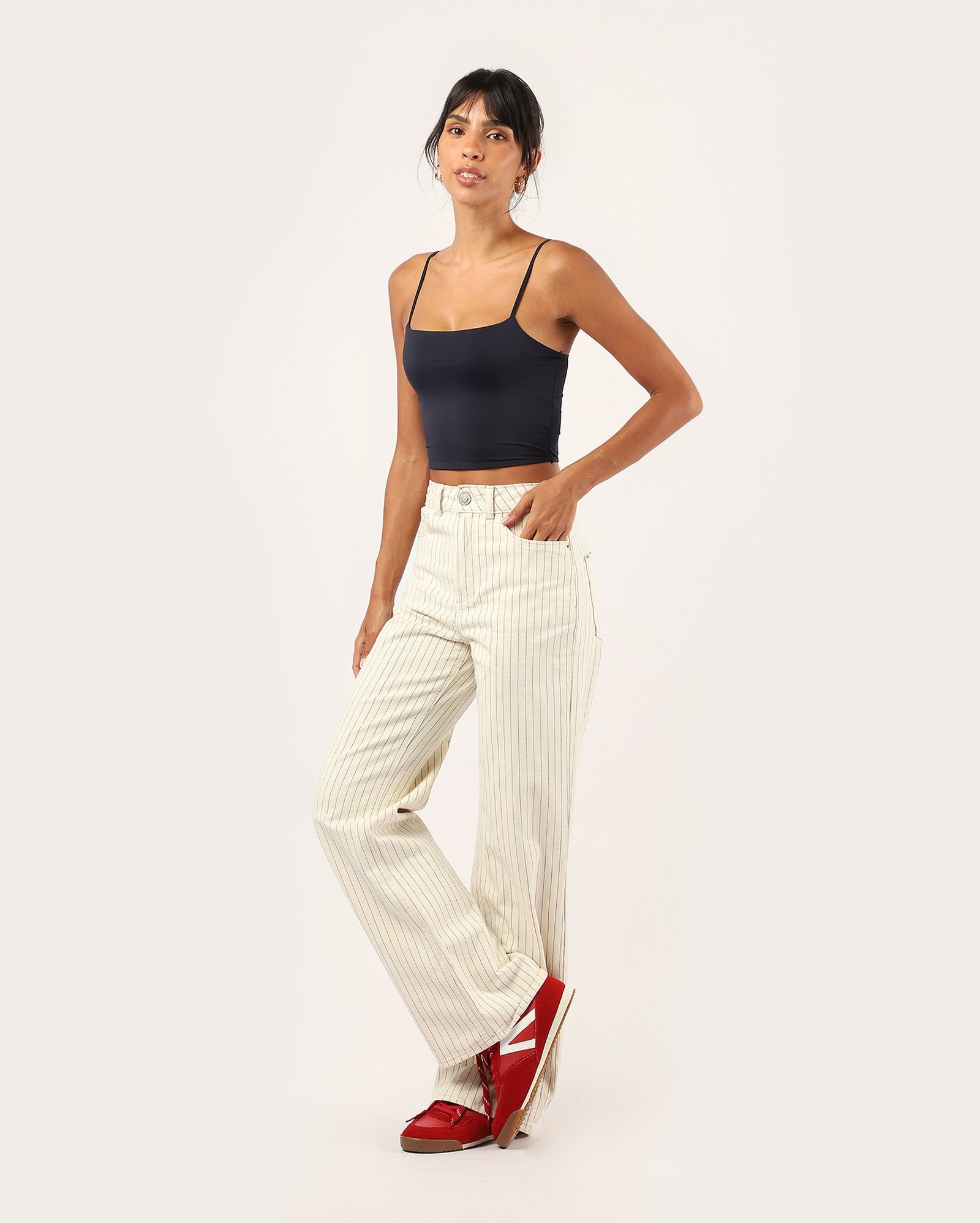 Riachuelo | Calça sarja feminina wide leg risca de giz - bege | Pool Jeans