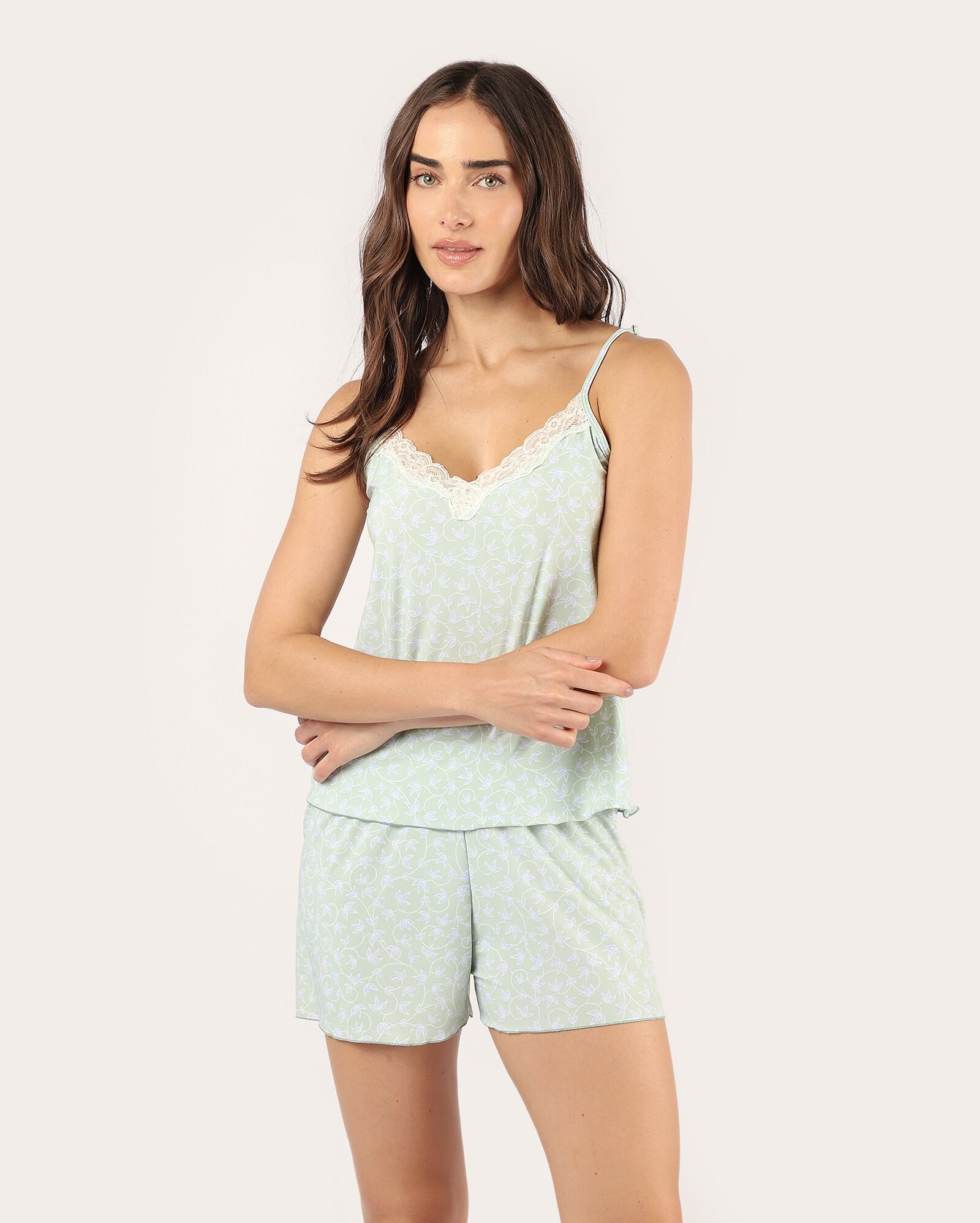 Riachuelo | Pijama feminino curto estampado - Verde Claro Mescla