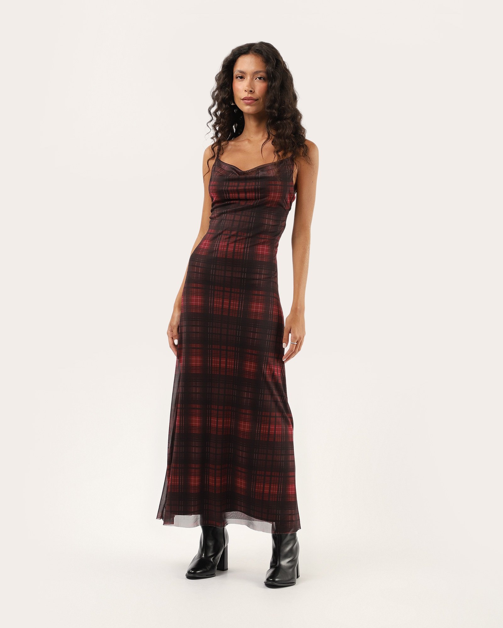 Riachuelo | Vestido midi evasê xadrez em tule - multicor