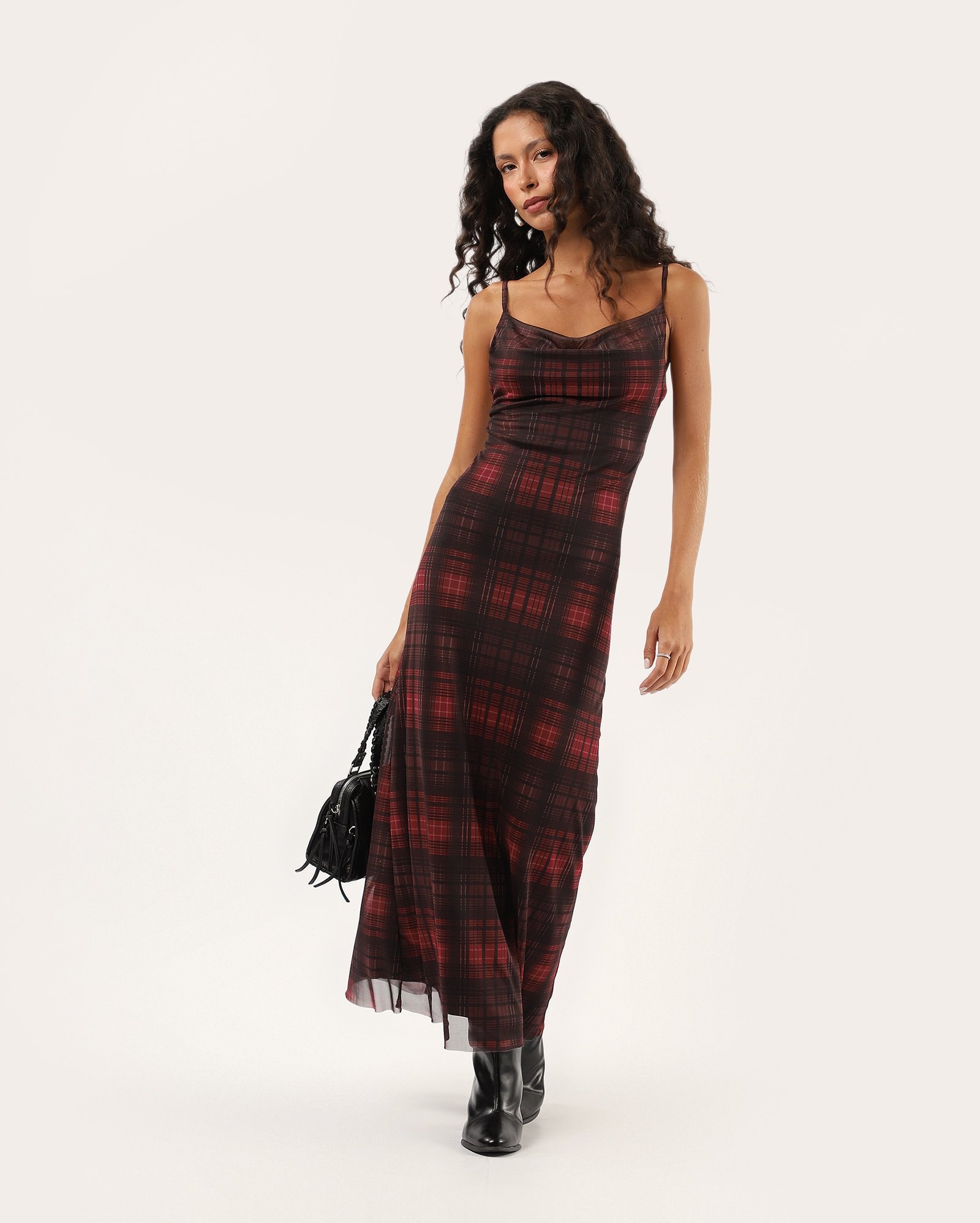 Riachuelo | Vestido midi evasê xadrez em tule - multicor
