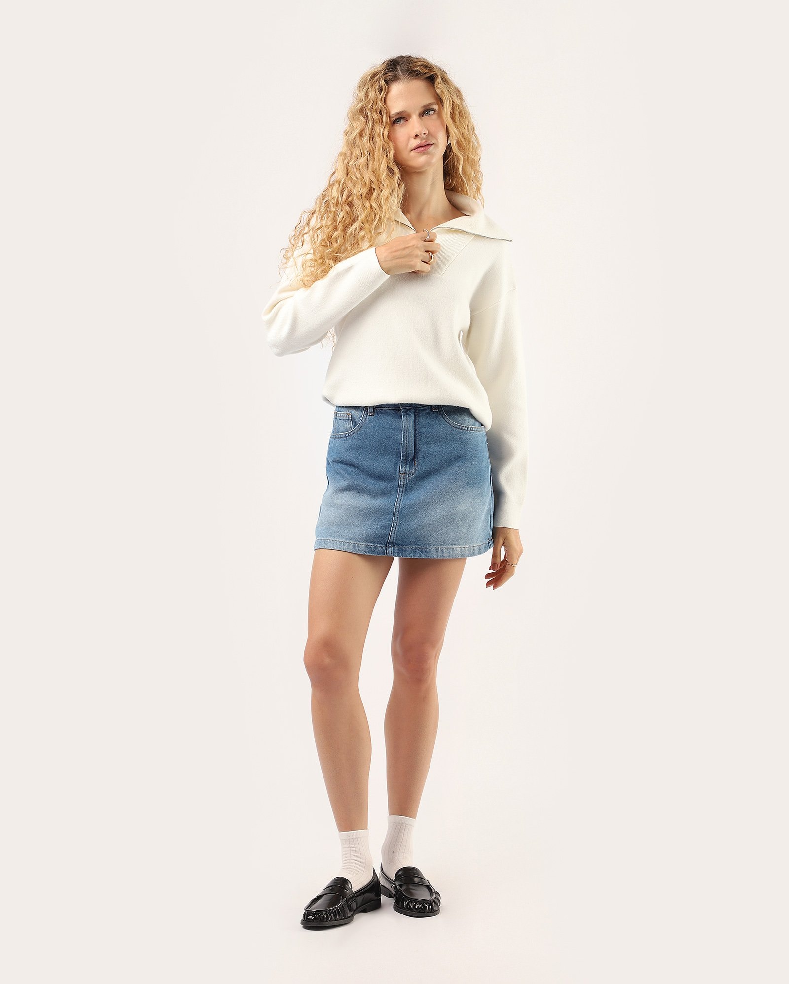 Riachuelo | Short-saia jeans cintura alta - denim médio | Pool Jeans
