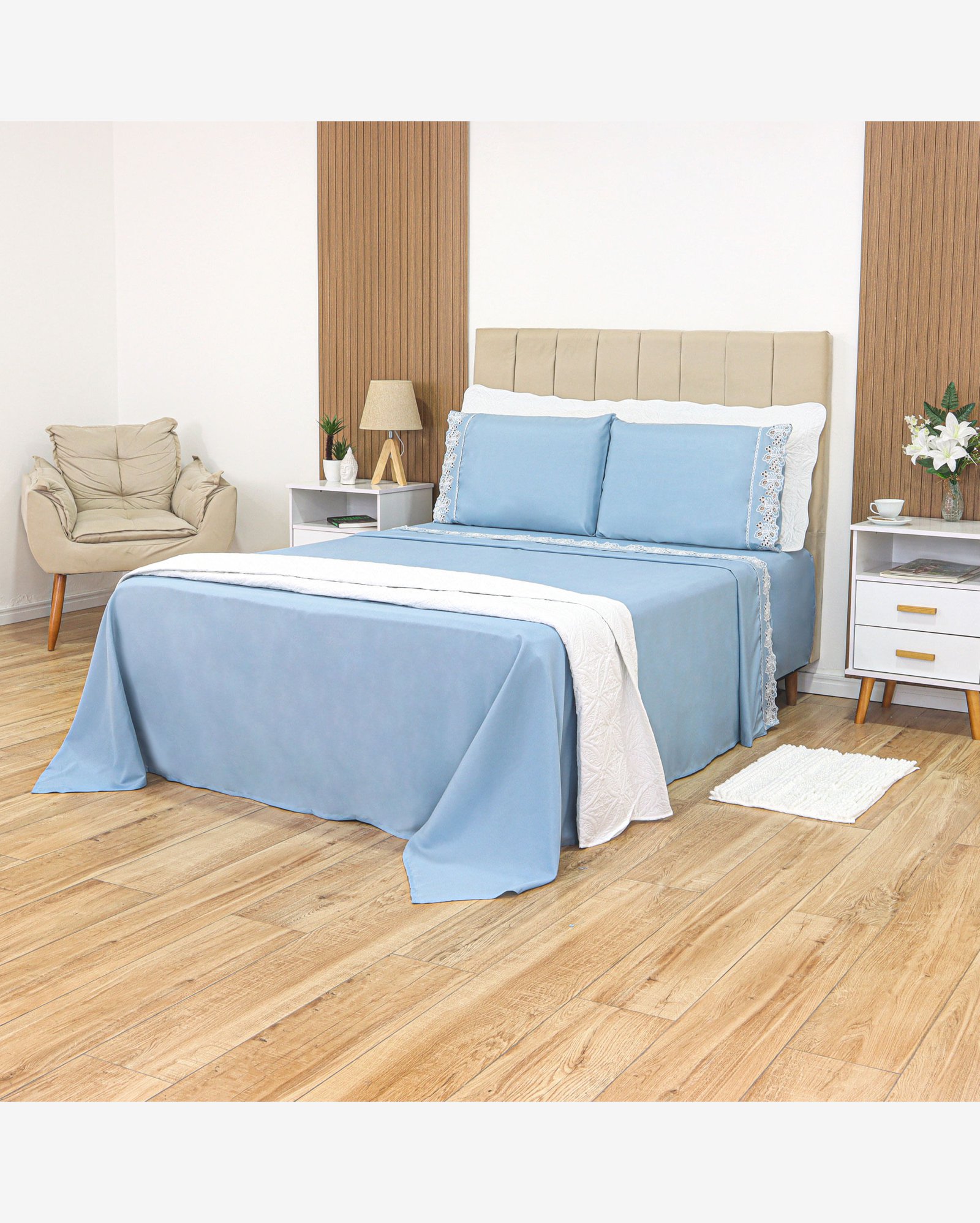 Riachuelo | JOGO DE CAMA BORDADO INGLÊS QUEEN - VALSA AZUL MÉDIO