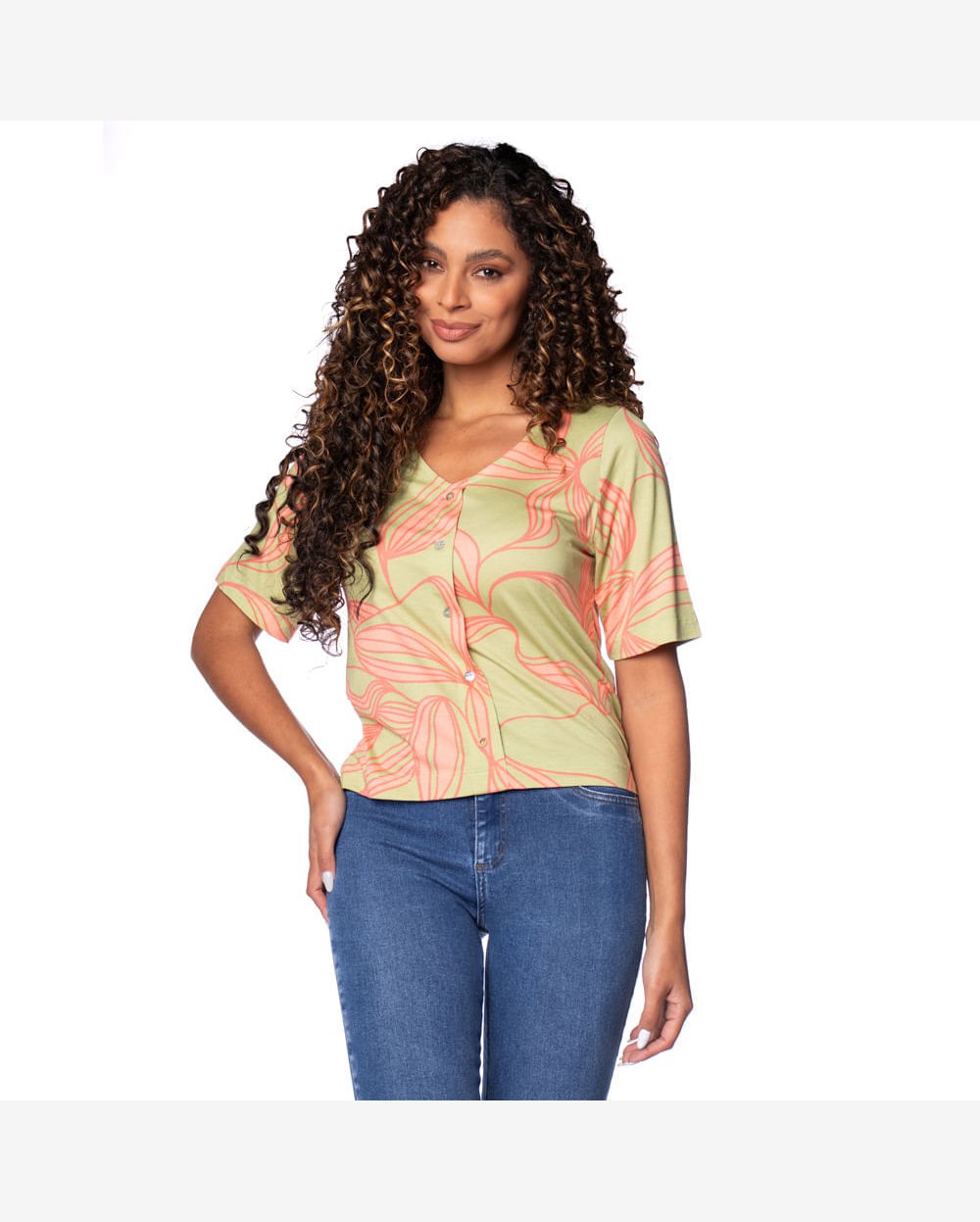 Riachuelo | Camisa Feminina Rovitex Decote V com Botões Verde Claro/Coral
